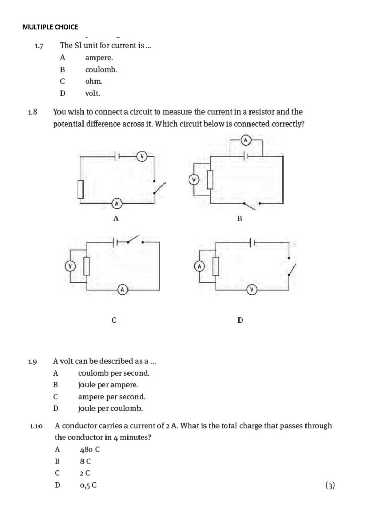Grade 8 Electric Circuit Revision - MULTIPLE CHOICE QUESTION QUESTION ...