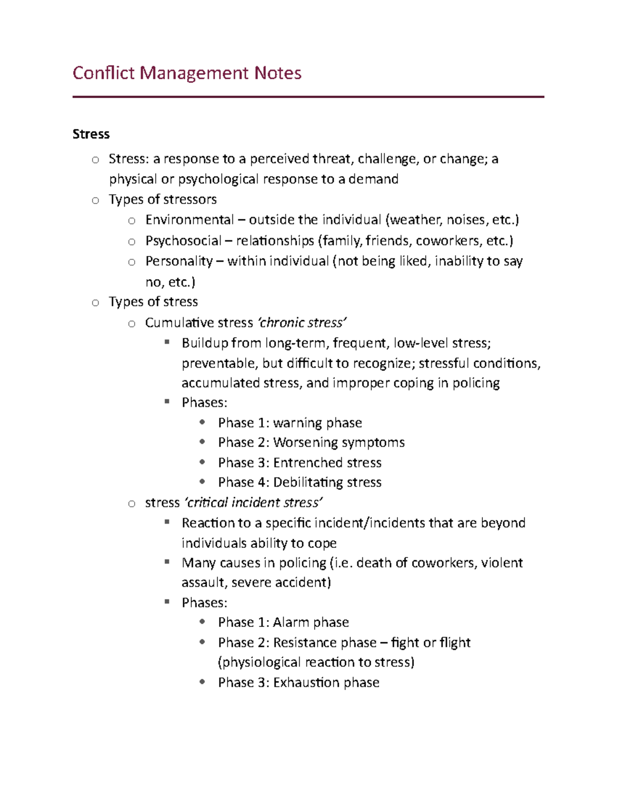 Conflict Management Notes - Conflict Management Notes Stress o Stress ...