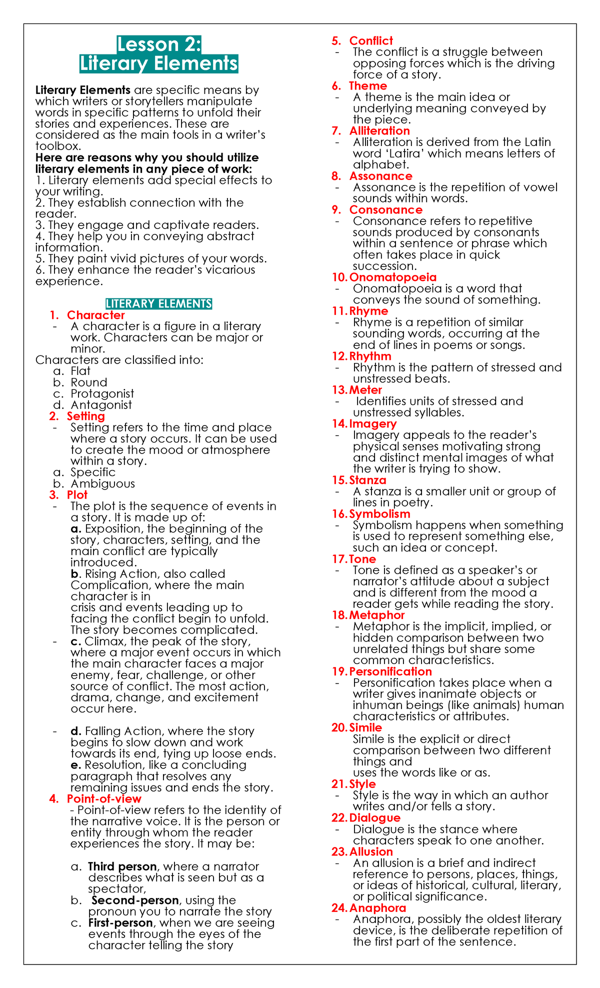 L2 Creative Non Fiction - Lesson 2: Literary Elements Literary Elements ...