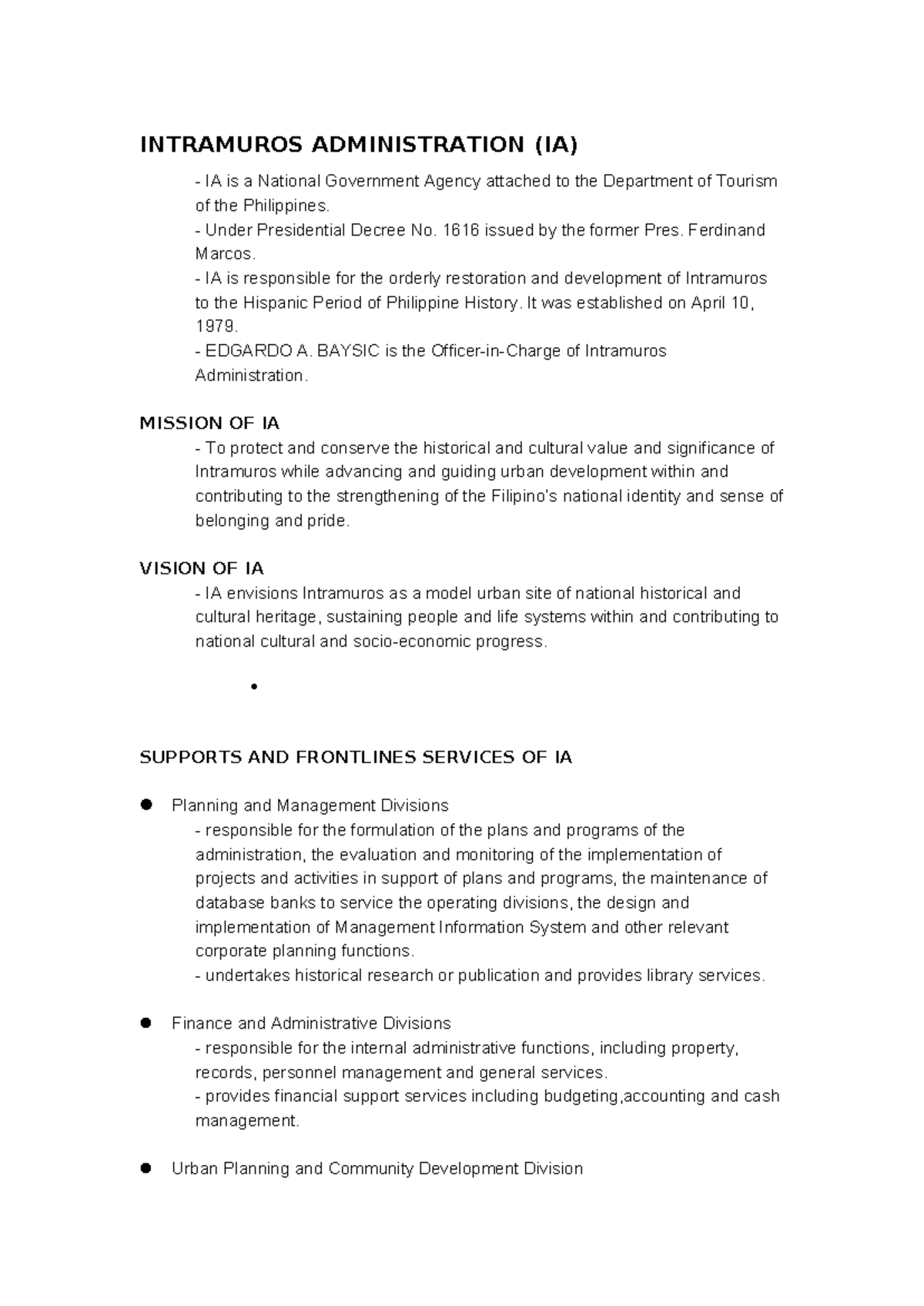 Intramuros- Administration - INTRAMUROS ADMINISTRATION (IA) IA is a ...