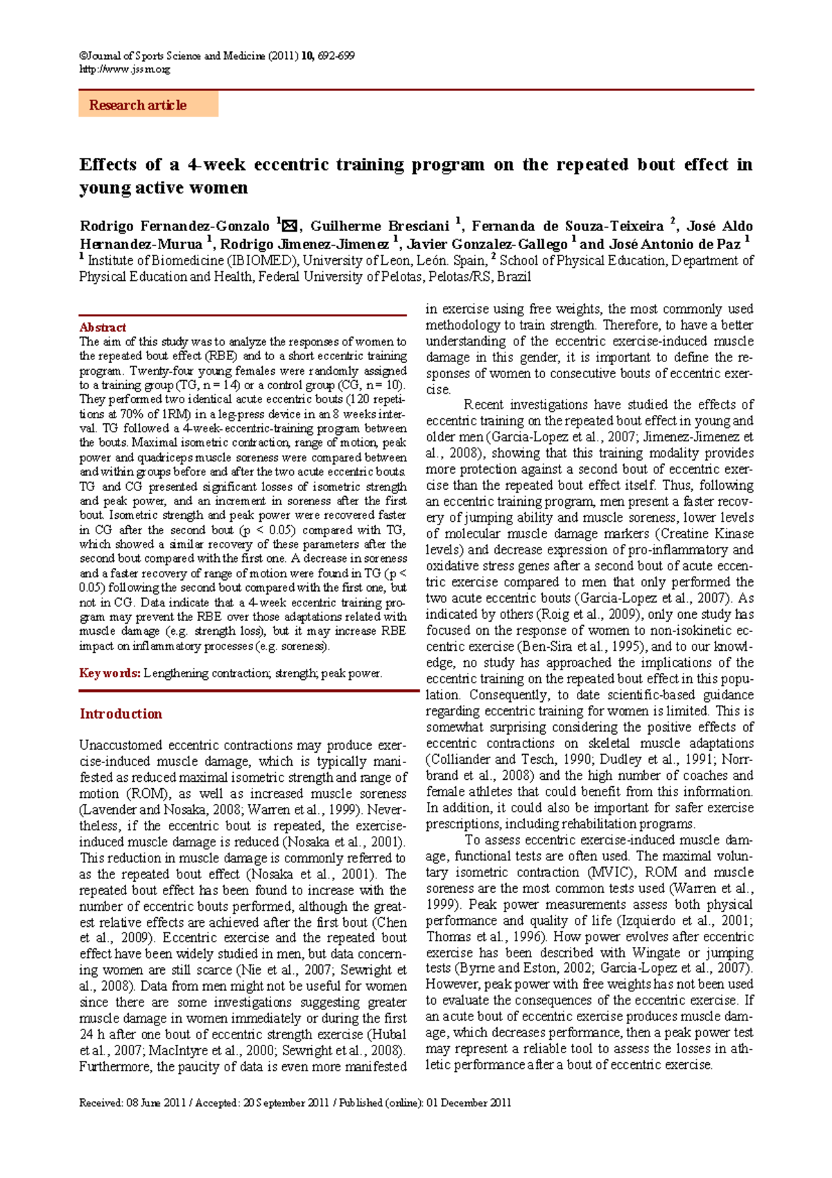Effects of a 4-week eccentric training program on the repeated bout ...
