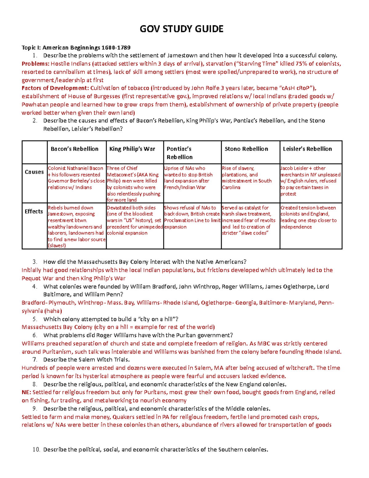 GOV Study Guide - GOV STUDY GUIDE Topic I: American Beginnings 1600- 1 ...