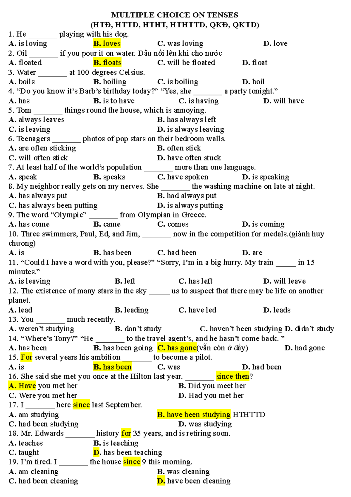 Multiple Choice ON Tenses - MULTIPLE CHOICE ON TENSES (HTĐ, HTTD, HTHT ...
