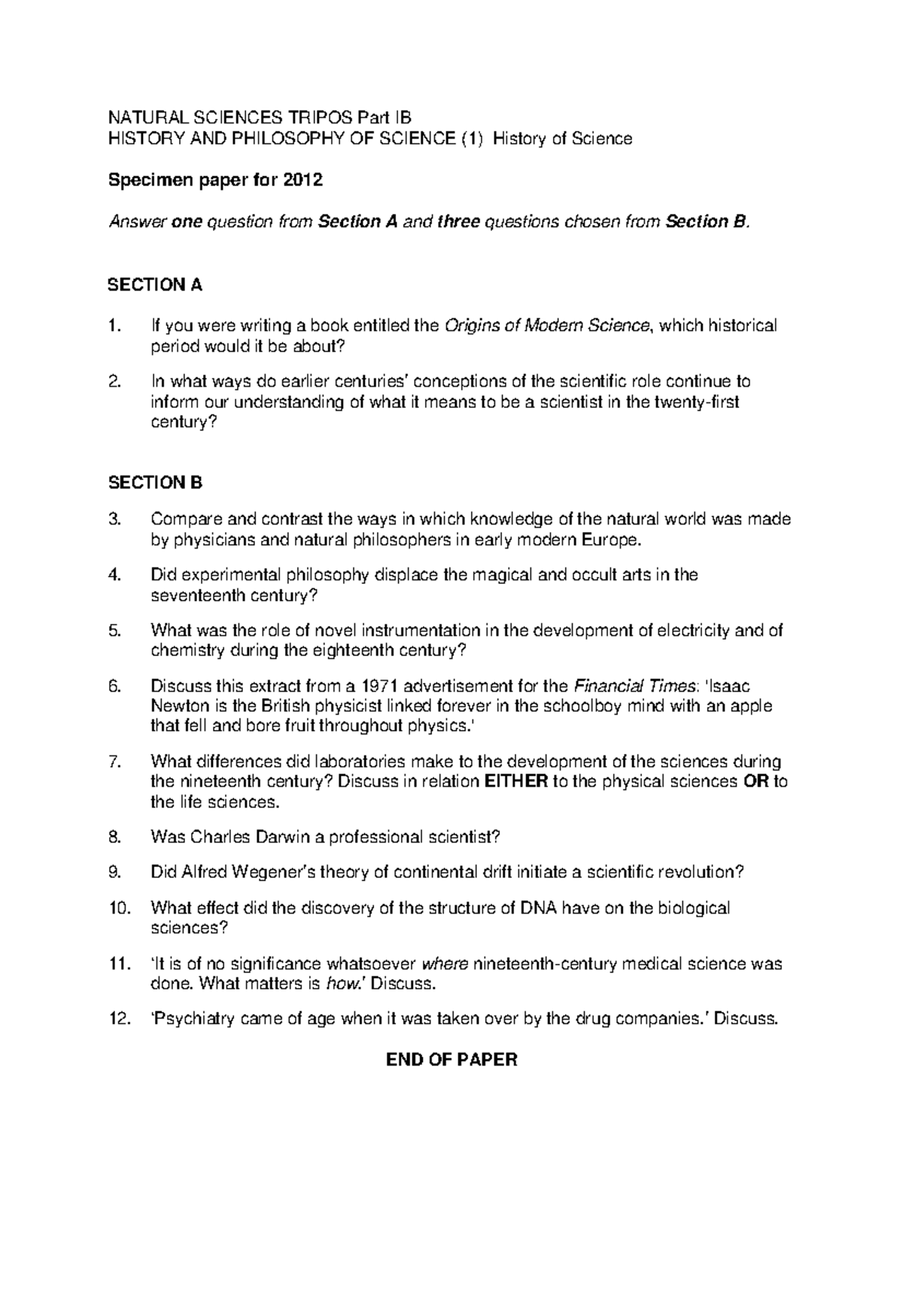 Exam 2012, questions - Specimen - NATURAL SCIENCES TRIPOS Part IB ...