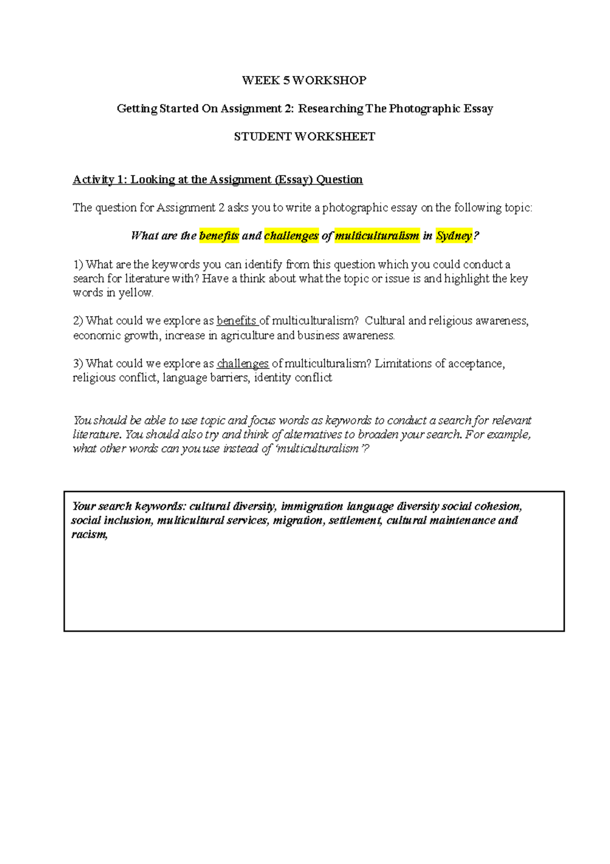 Week 5 Student Worksheet - WEEK 5 WORKSHOP Getting Started On ...