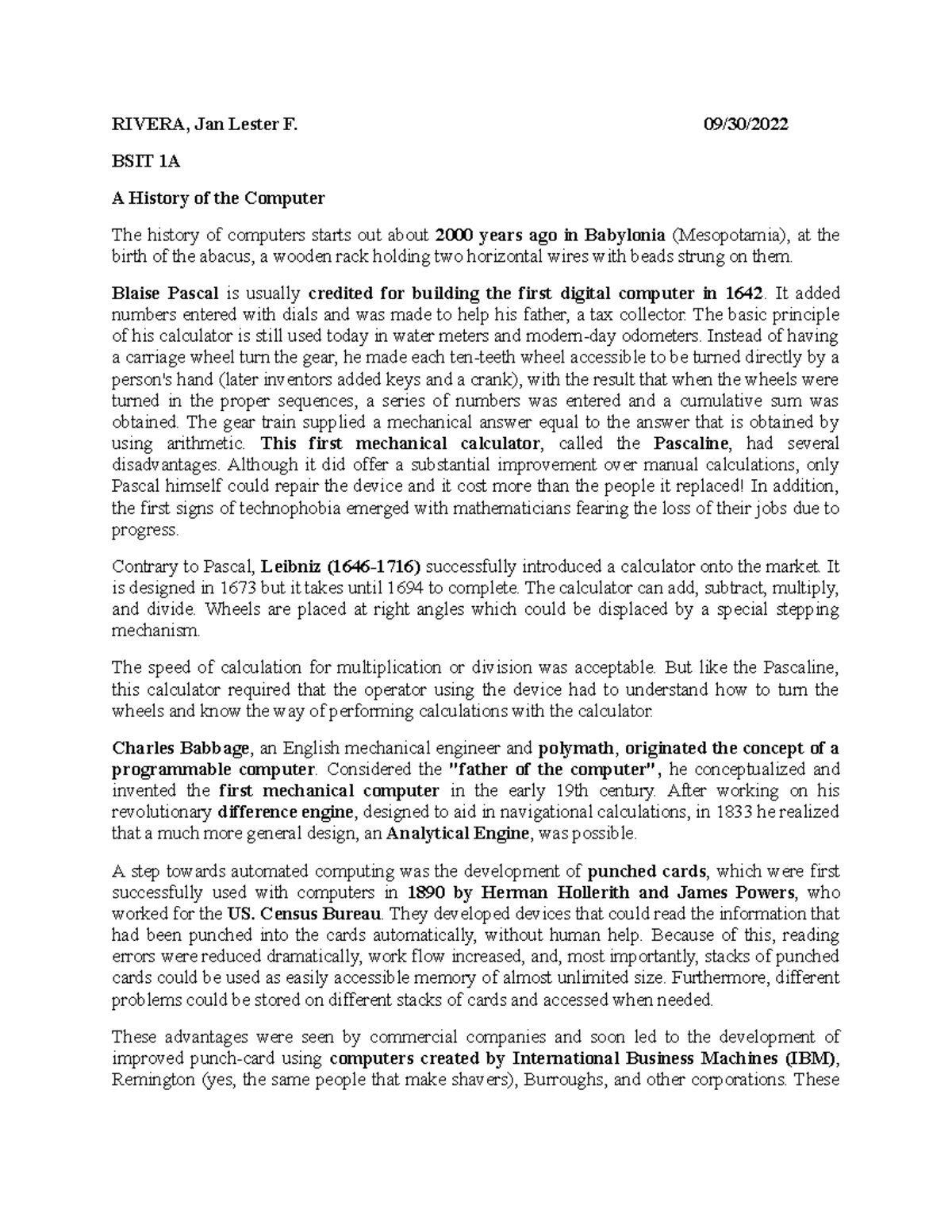 IT101 - history OF COMPUTER - RIVERA, Jan Lester F. 09/30/ BSIT 1A A ...