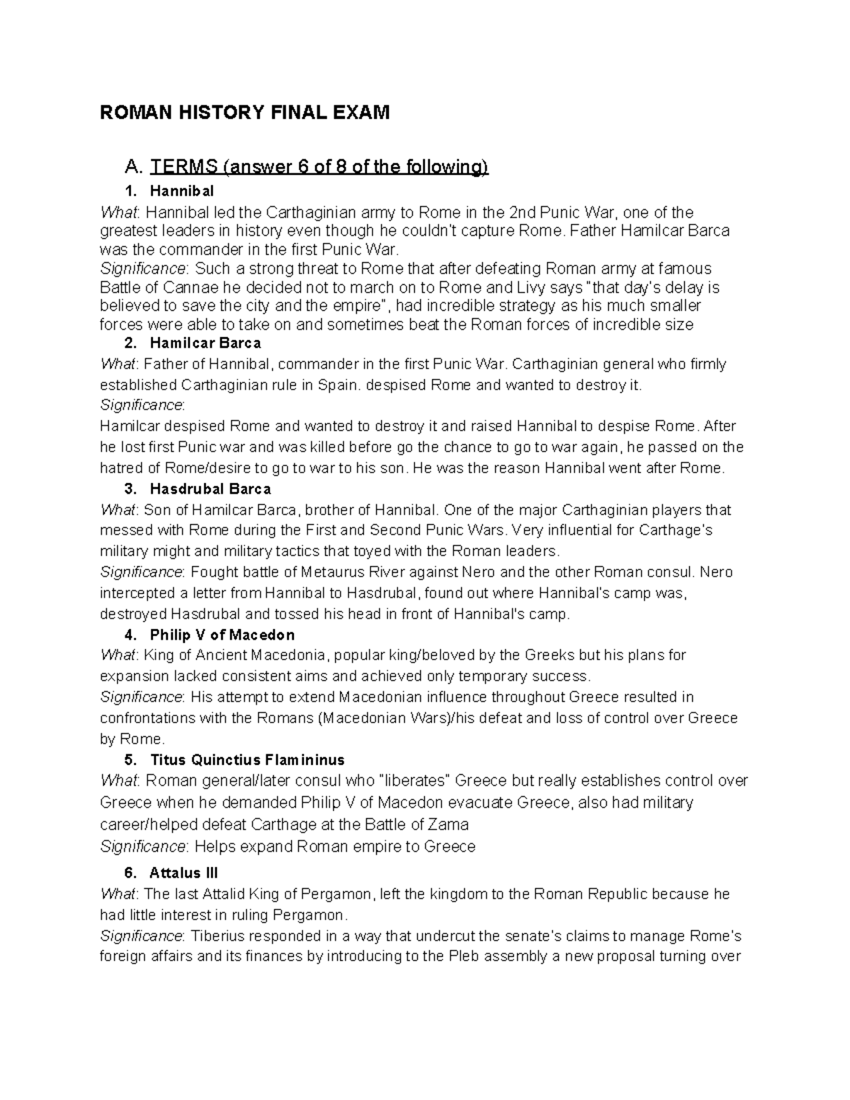 Roman History Final Exam Study Guide - ROMAN HISTORY FINAL EXAM A ...