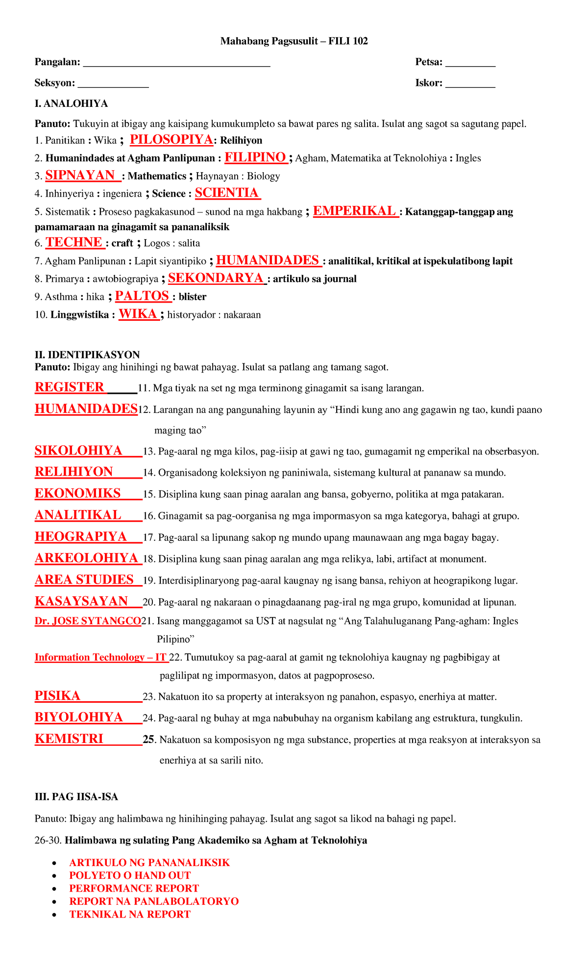 LONG QUIZ FILI 102 with Answer - Mahabang Pagsusulit – FILI 102 Pangalan: Petsa: Seksyon: Iskor ...