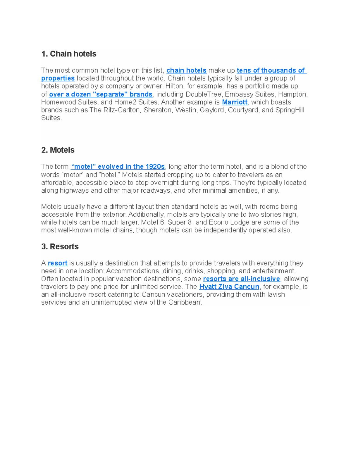 Types of hotels - Lecture notes 1ajwehgwdtyrwdvsd ss - 1. Chain hotels ...