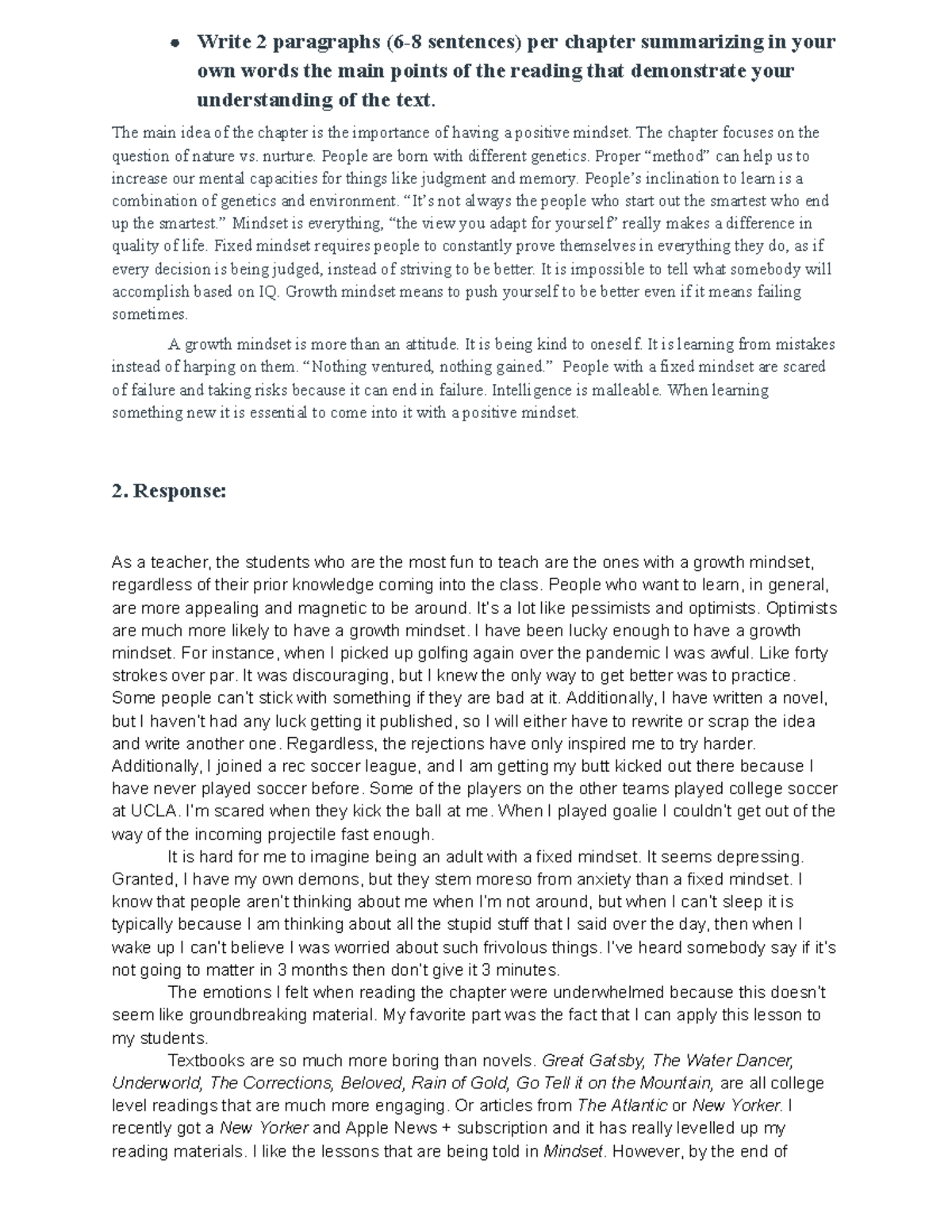 Mindset Ch 1 - Notes on textbook - Write 2 paragraphs (6-8 sentences ...