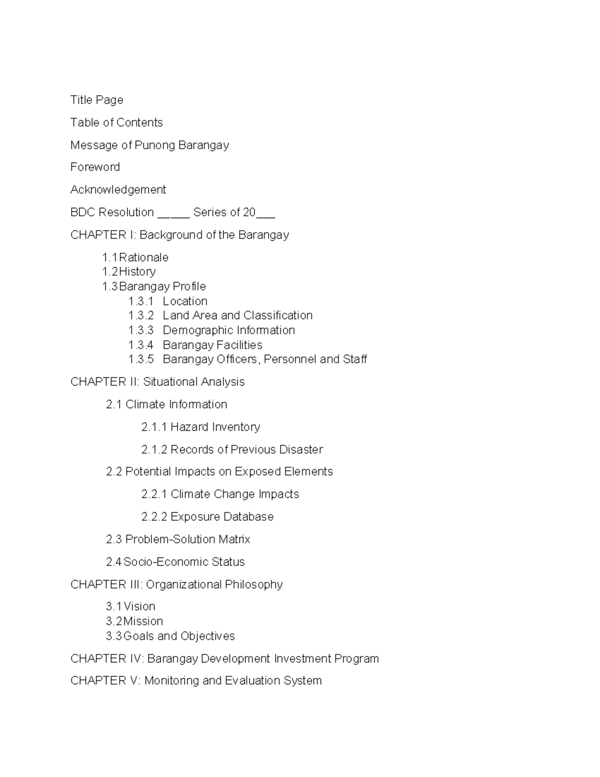 BDP - Content - to conduct barangay development fund - Title Page Table ...