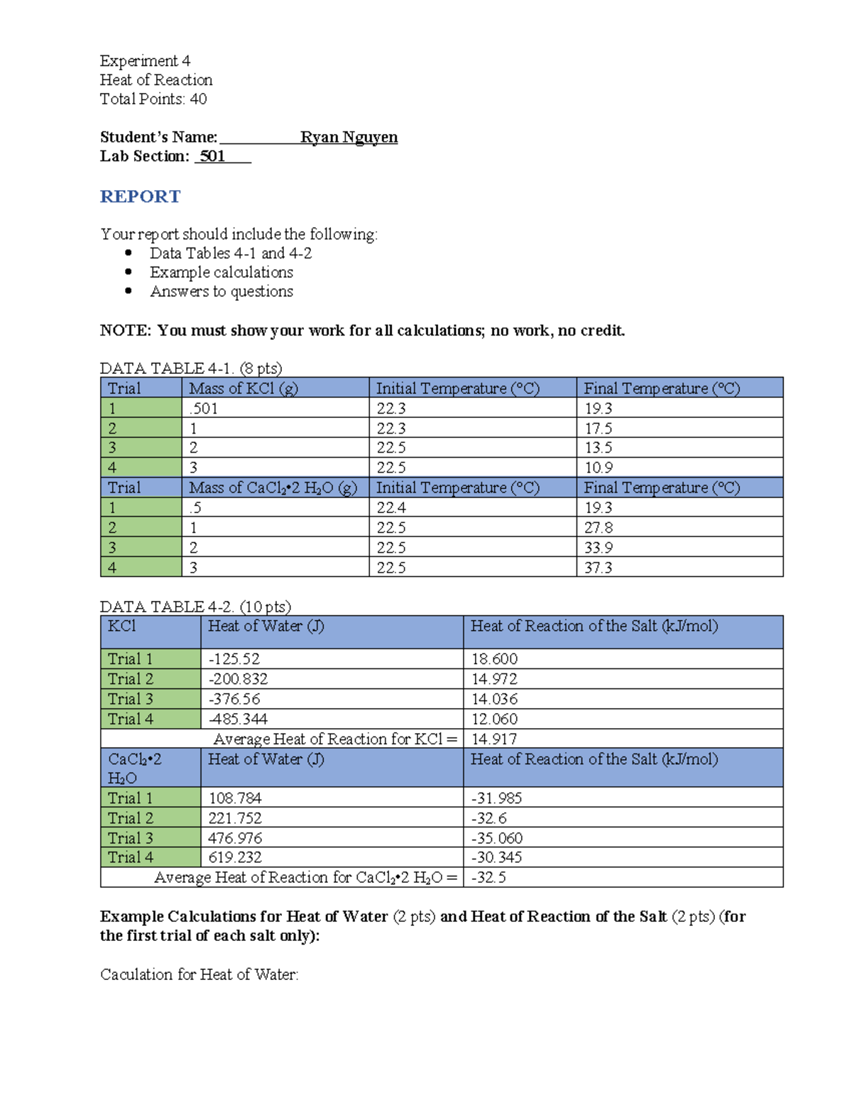Exp. 4 - Heat of Reaction by Ryan - Experiment 4 Heat of Reaction Total ...