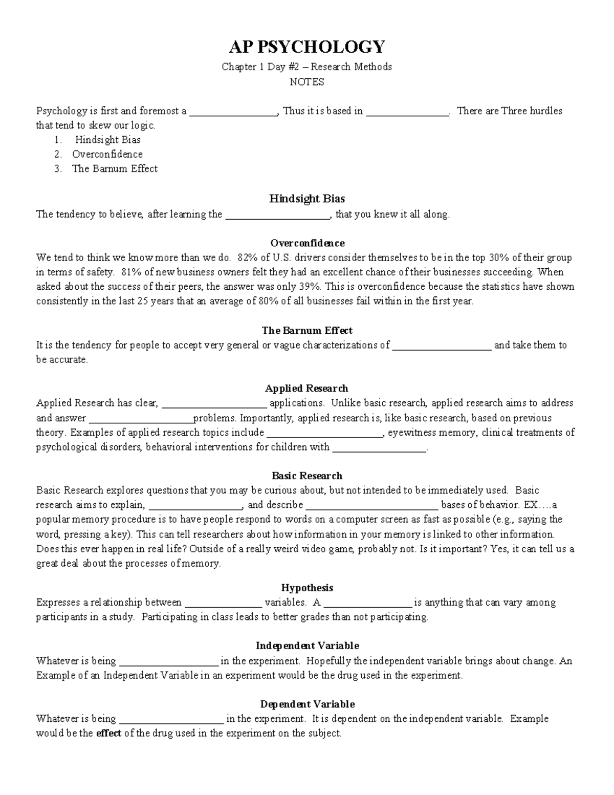 Statistics information - AP PSYCHOLOGY Chapter 1 Day #2 – Research ...