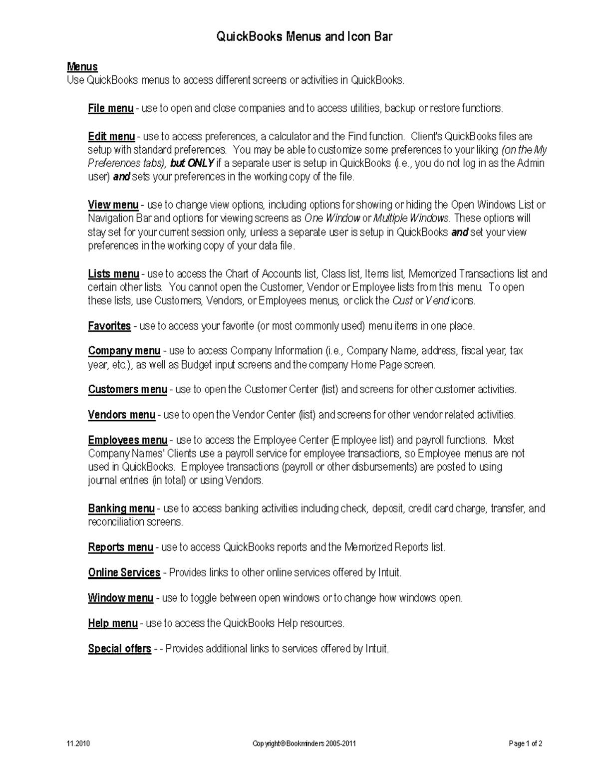 QB Menu and Iconbar - BBA - QuickBooks Menus and Icon Bar 11 Copyright ...