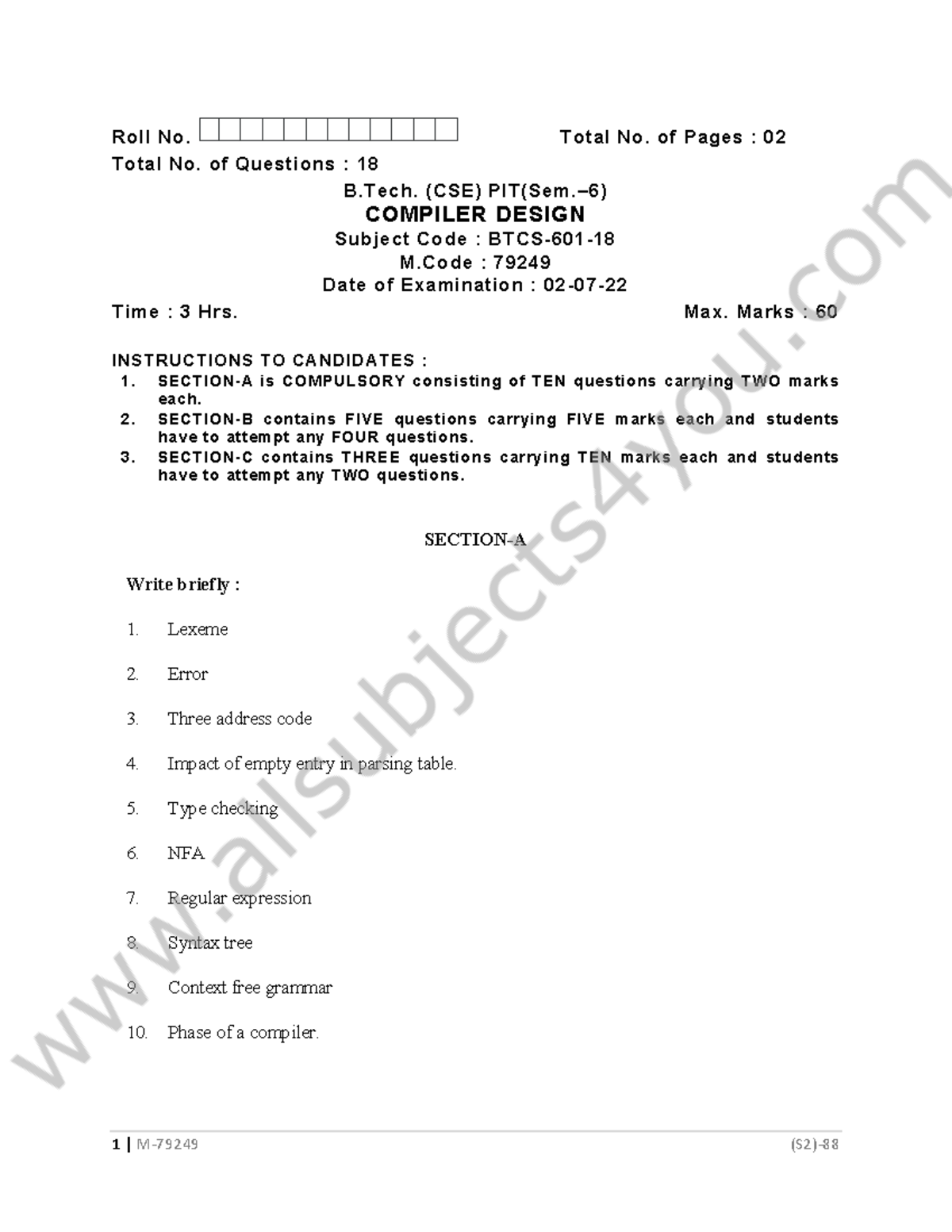 79249 BTCS 601 18 - cd notes - 1 | M- 79249 (S2)- 88 Roll No. Total No ...