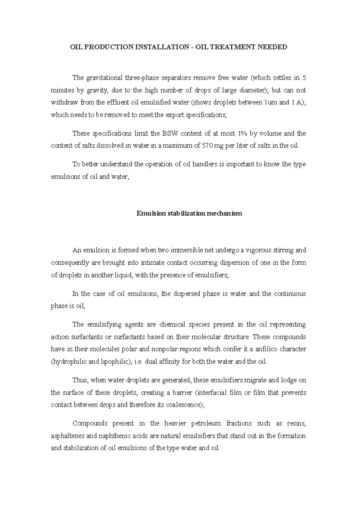 OIL Production Installation - OIL Treatment Needed - OIL PRODUCTION ...