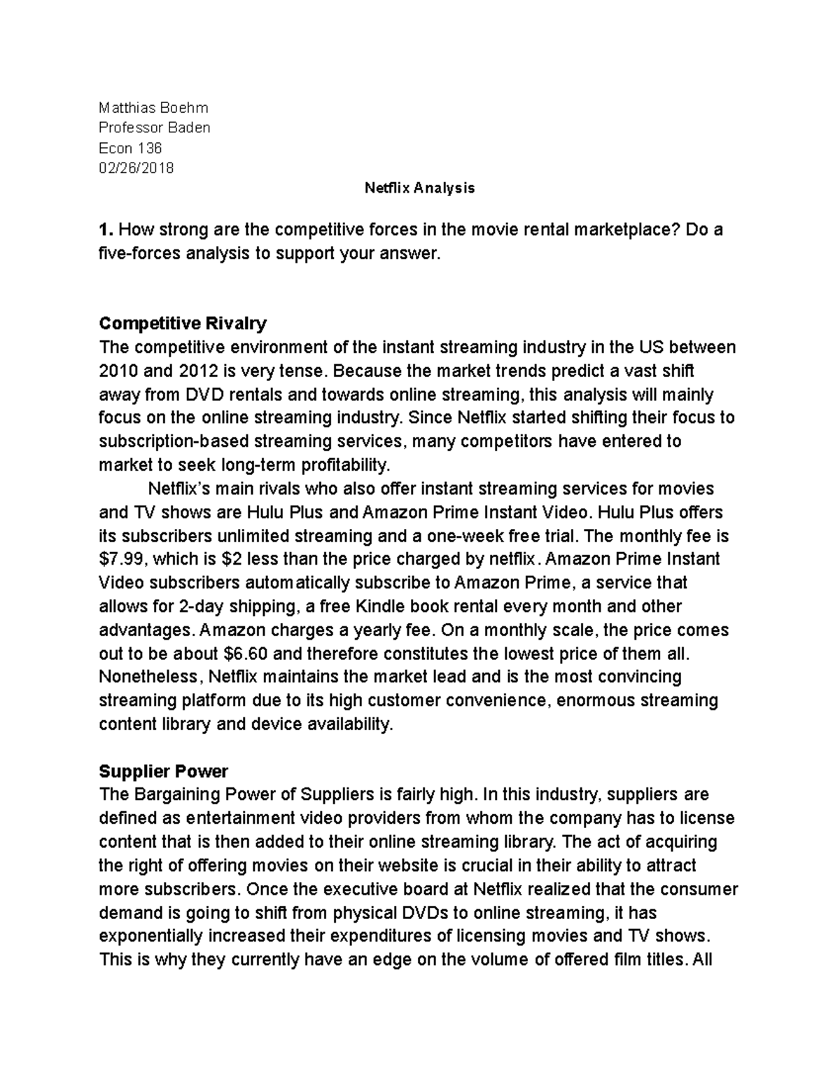 Netflix Assignment Econ136 - Matthias Boehm - Matthias Boehm Professor ...