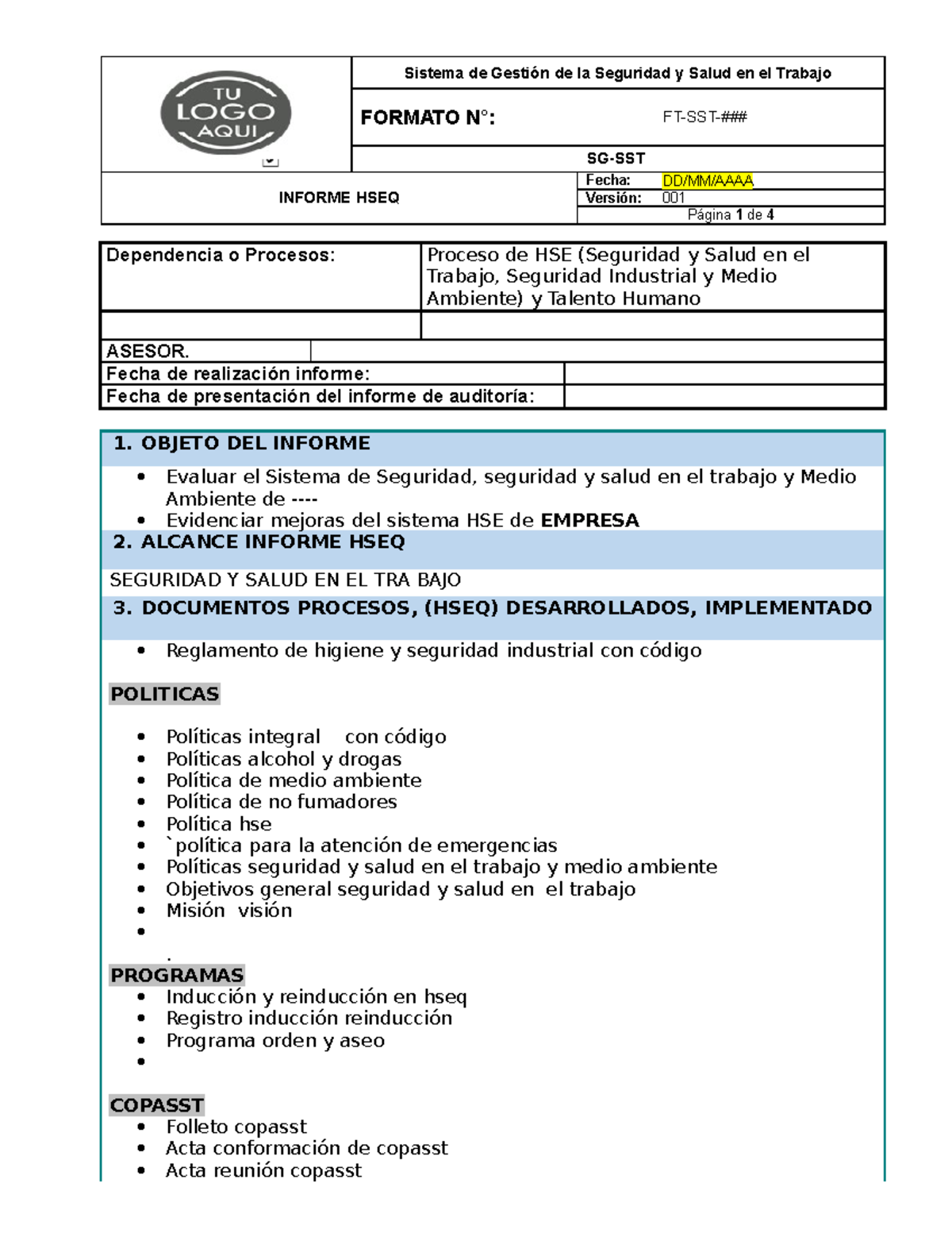 Formato Informe HSEQ - sg-sst - FORMATO N°: FT-SST-### SG-SST INFORME HSEQ Fecha: DD/MM/AAAA ...