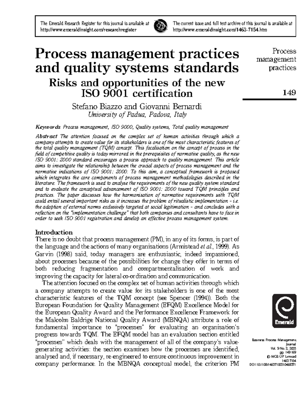 Biazzo 2003 - Process management practices 149 Business Process ...