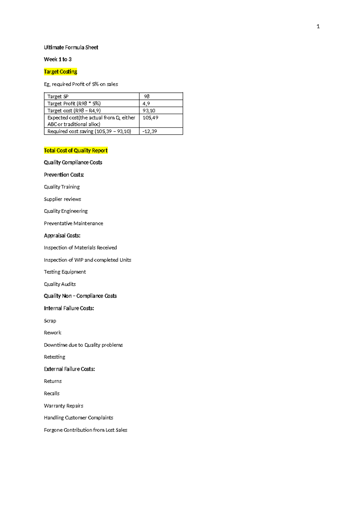 MAF Monster summary - Ultimate Formula Sheet Week 1 to 3 Target Costing ...