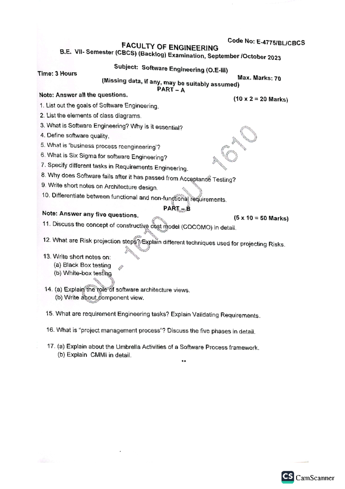 Software engineering - Code No: FACULTY OF ENGINEERING B. Semester (CBCS) (Backlog) Examination ...