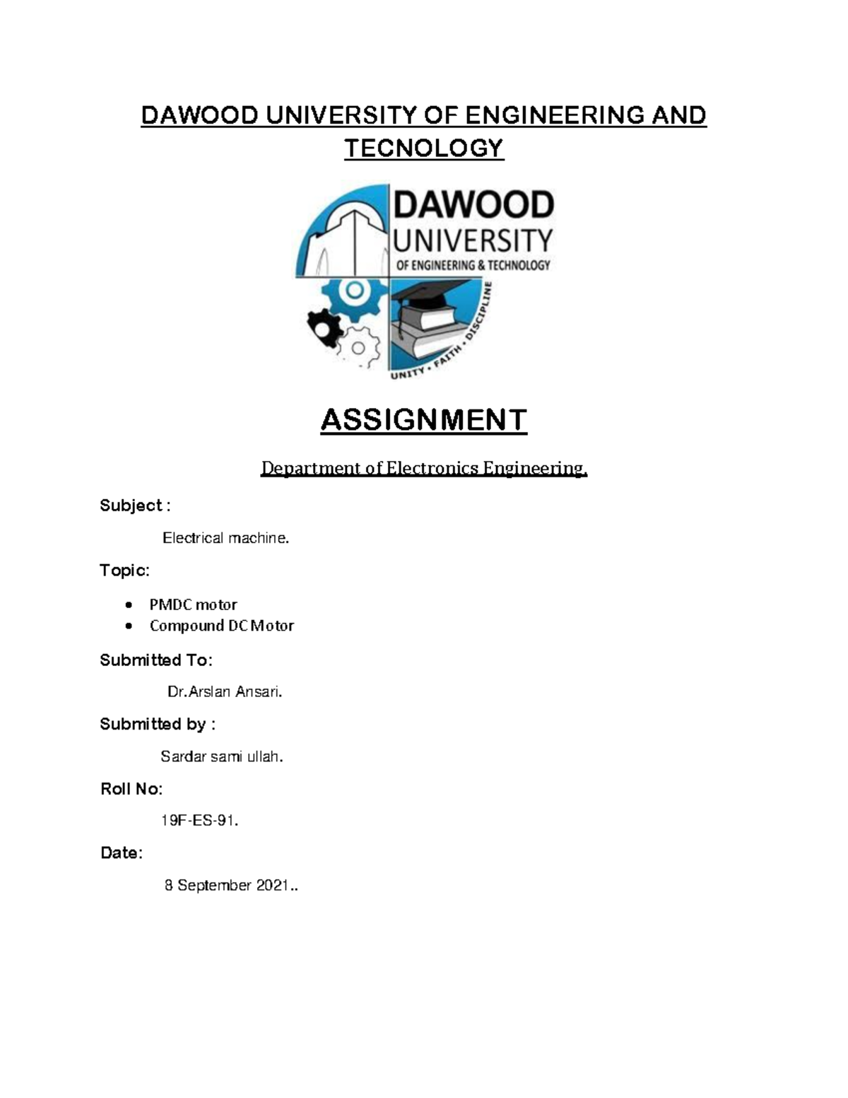 Assignment 2 permanent magnent and compound - DAWOOD UNIVERSITY OF ...