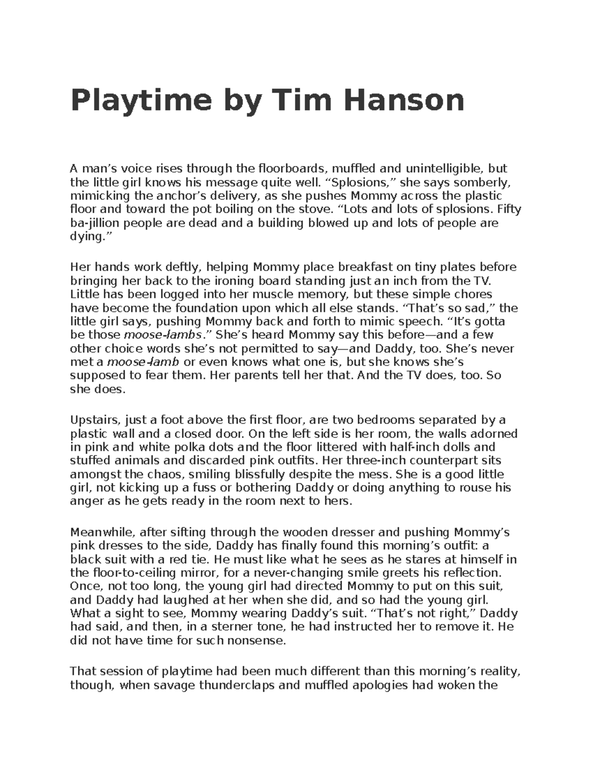 Playtime by Tim Hanson - fiction storytelling - Playtime by Tim Hanson ...