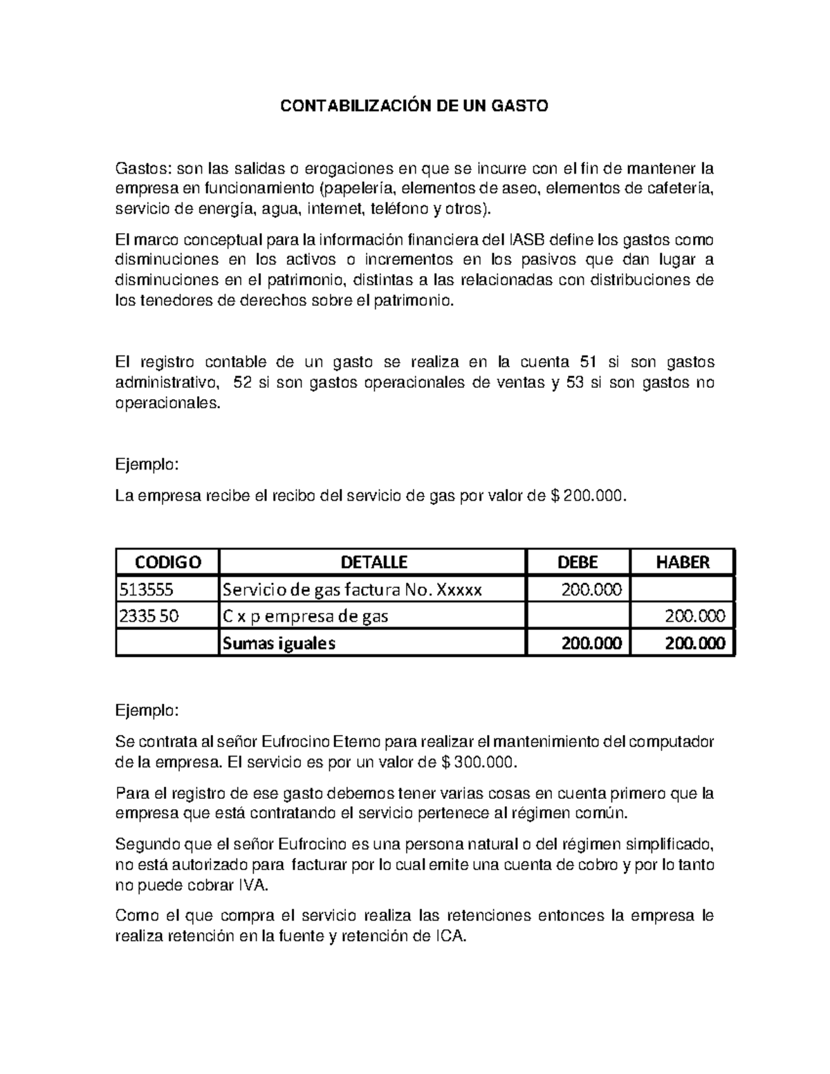 Contabilización DE UN Gasto - CONTABILIZACIÓN DE UN GASTO Gastos: son ...