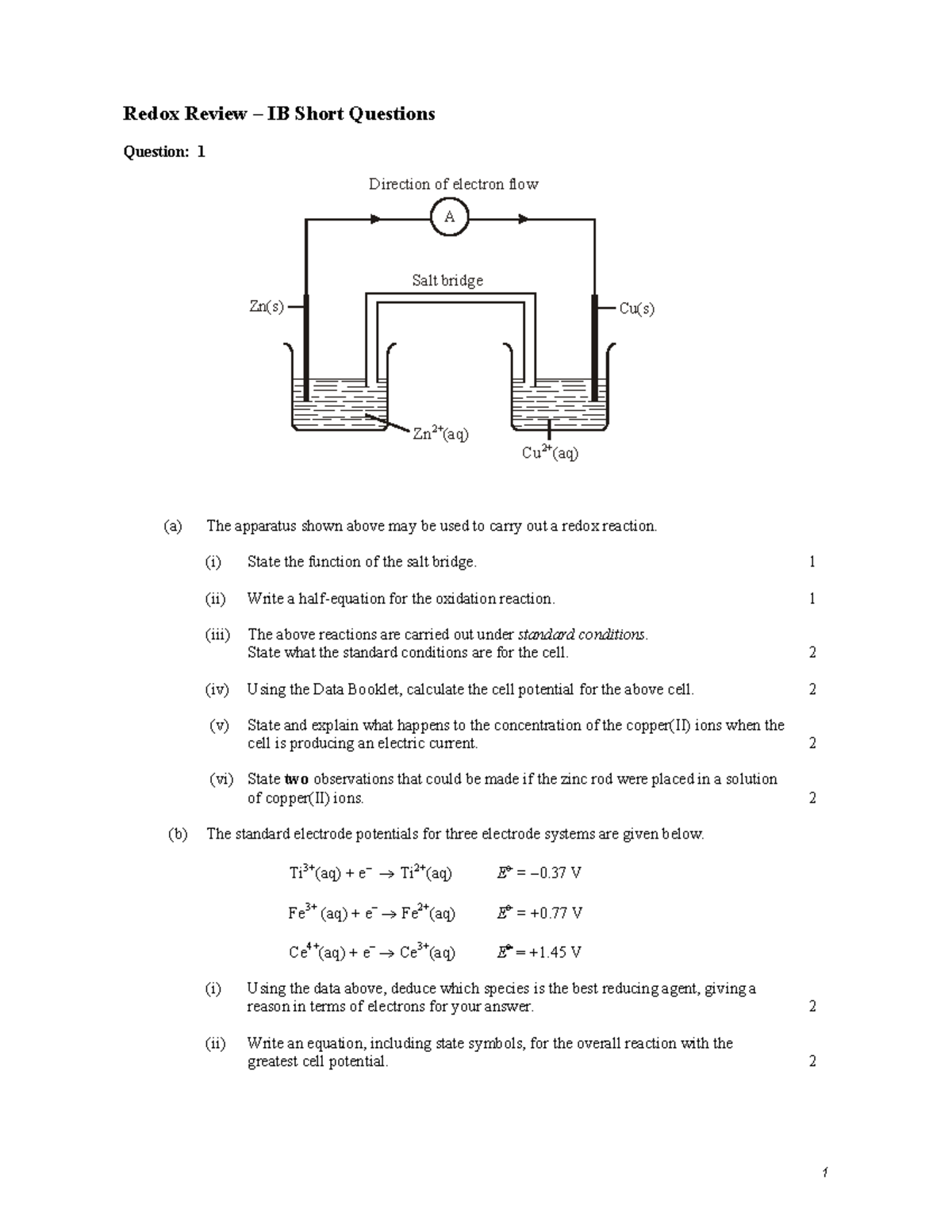 Redox Questions - Redox Review – IB Short Questions Question: 1 A ...