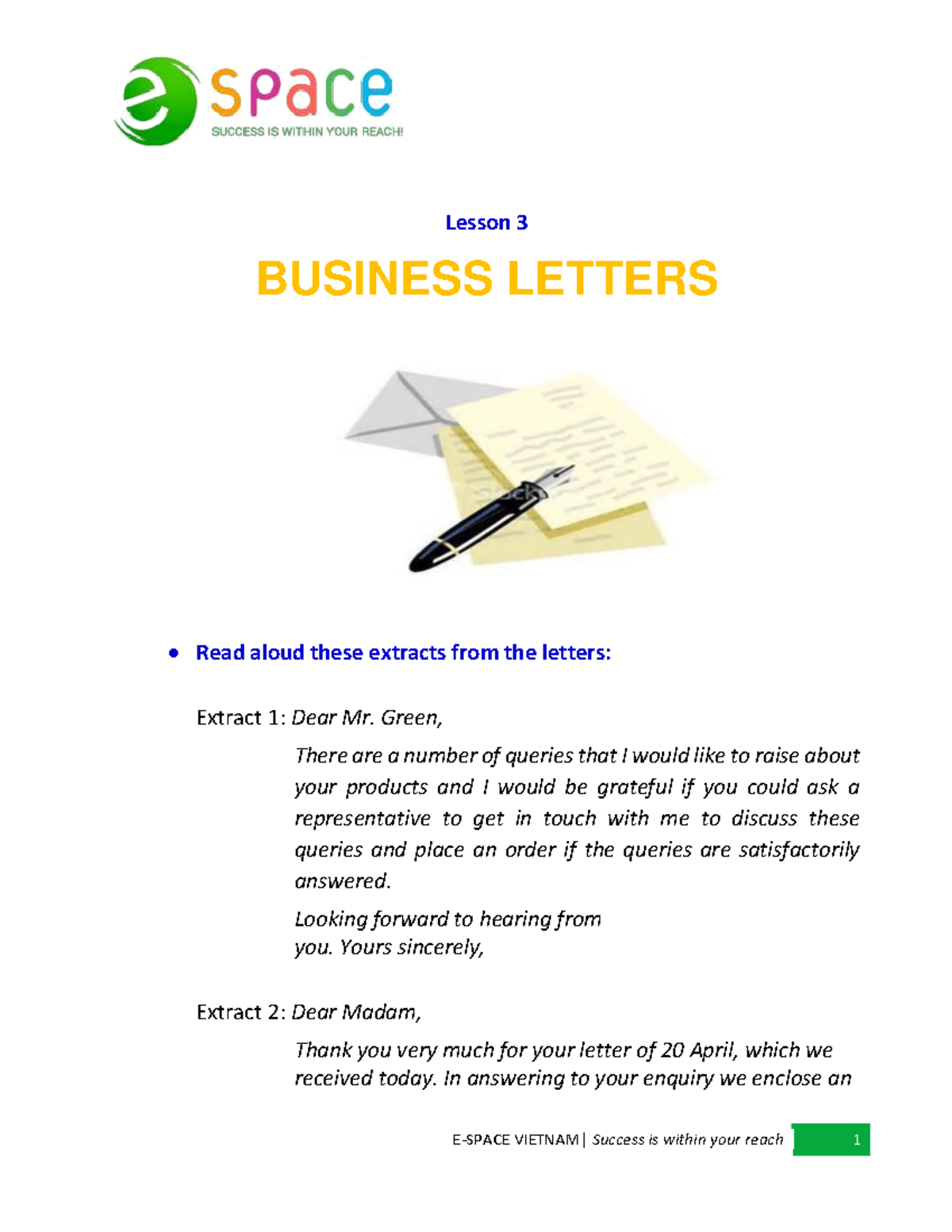 Lesson 3 - Practice materials for communication - Lesson 3 BUSINESS ...