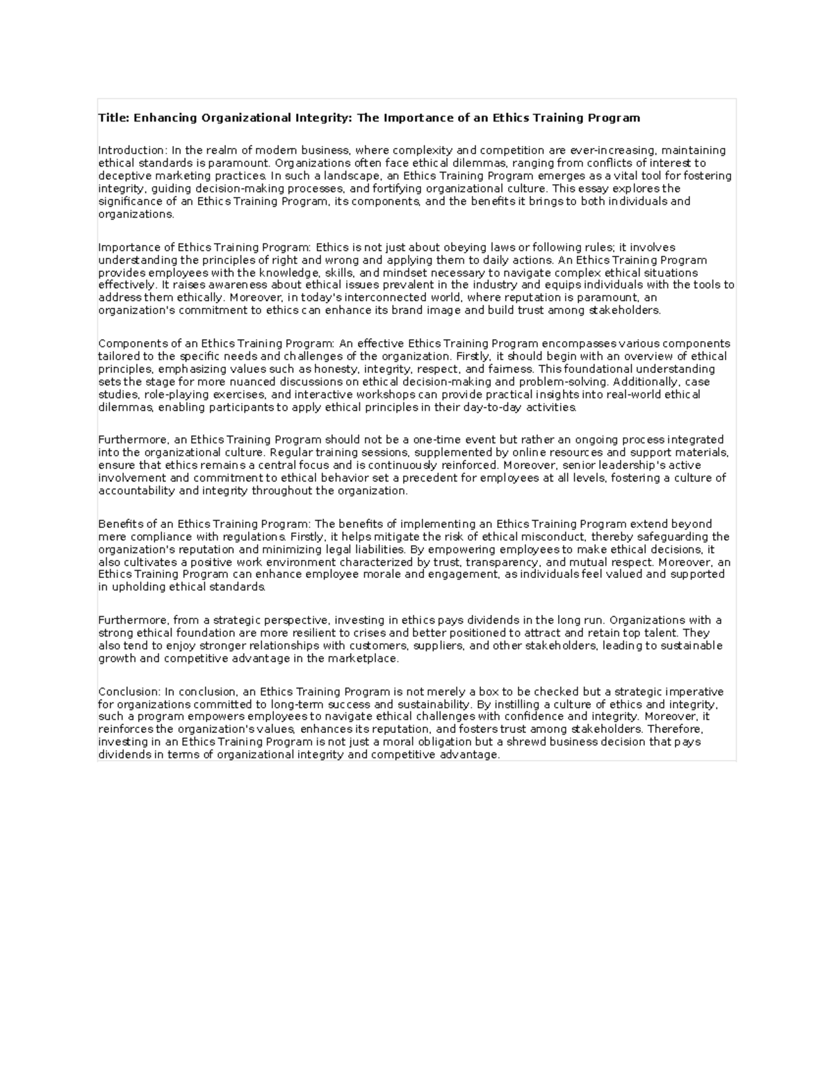 Enhancing Organizational Integrity The Importance of an Ethics Training ...