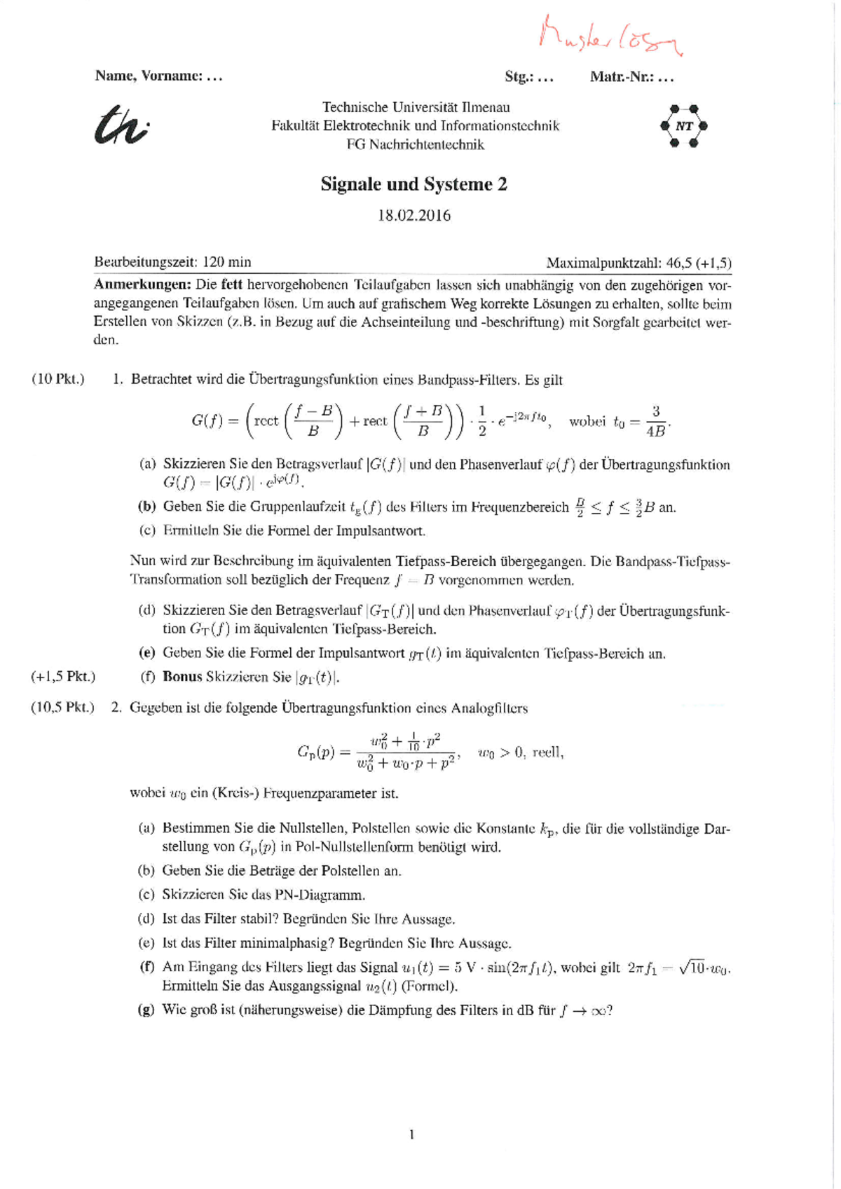 Klausur 2016 1 - Signale Und Systeme 2 - Studocu
