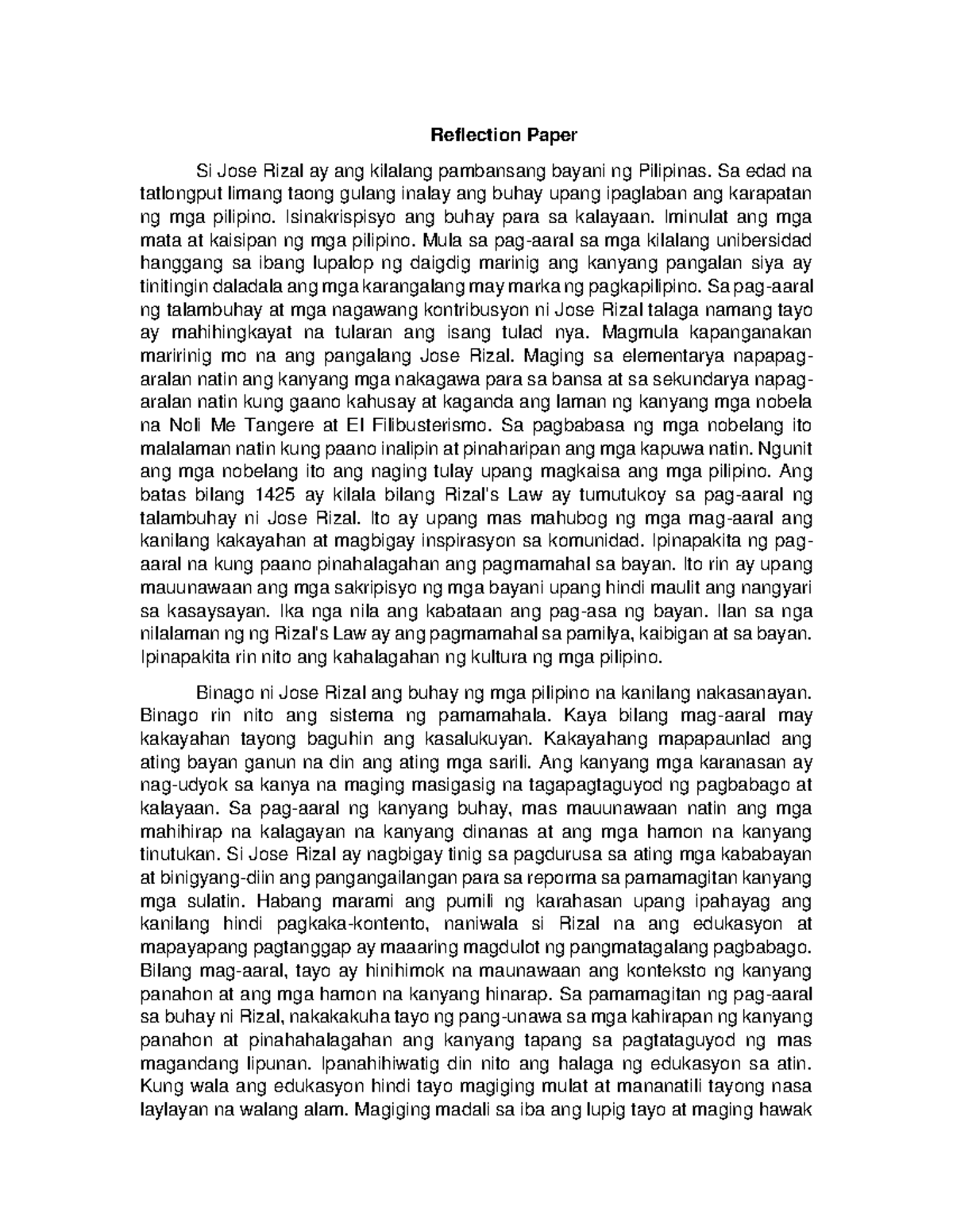 Reflection Paper - refection - Reflection Paper Si Jose Rizal ay ang ...