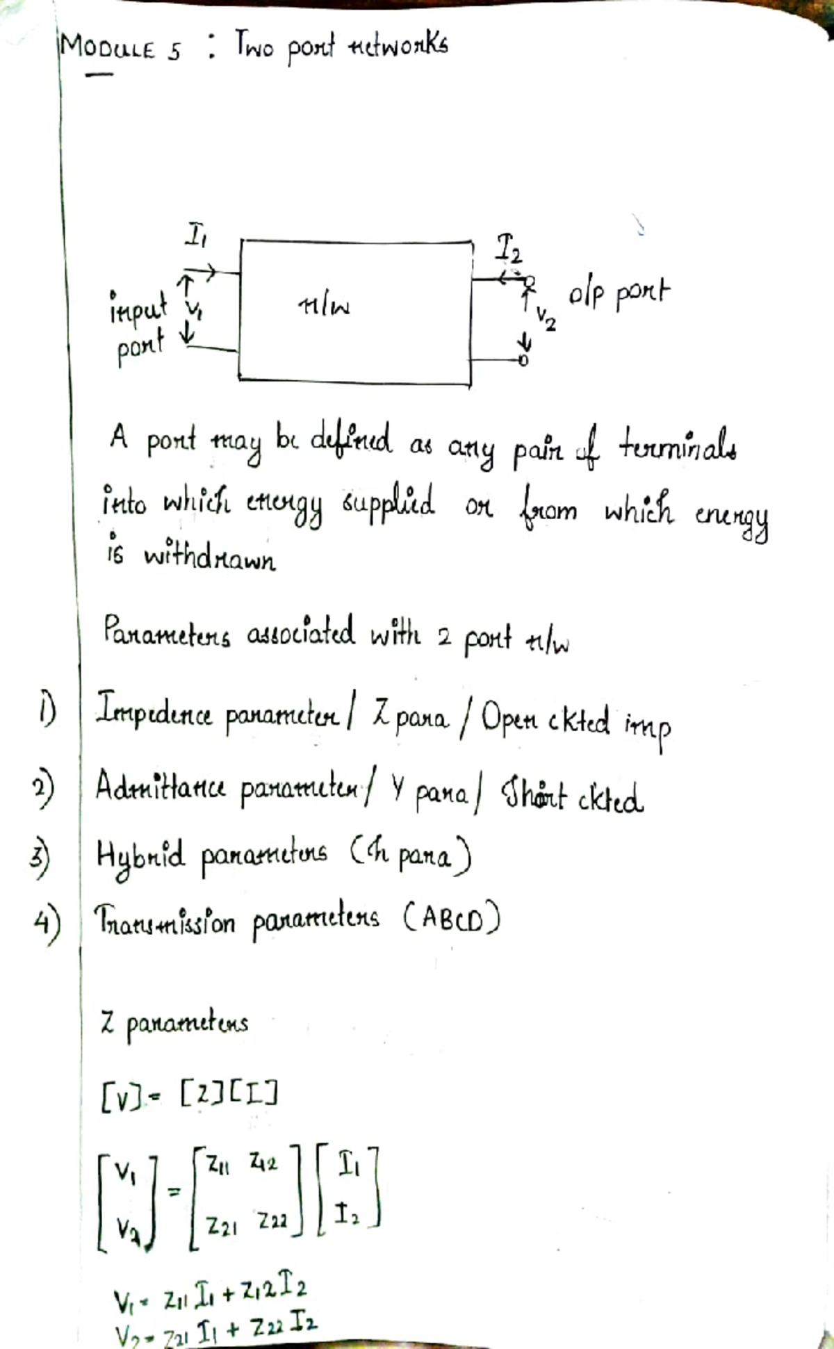 Circuit Two Port Networks Notes Module 5 Two Port Networks Ii I2 Input V1 Port V2 Port A