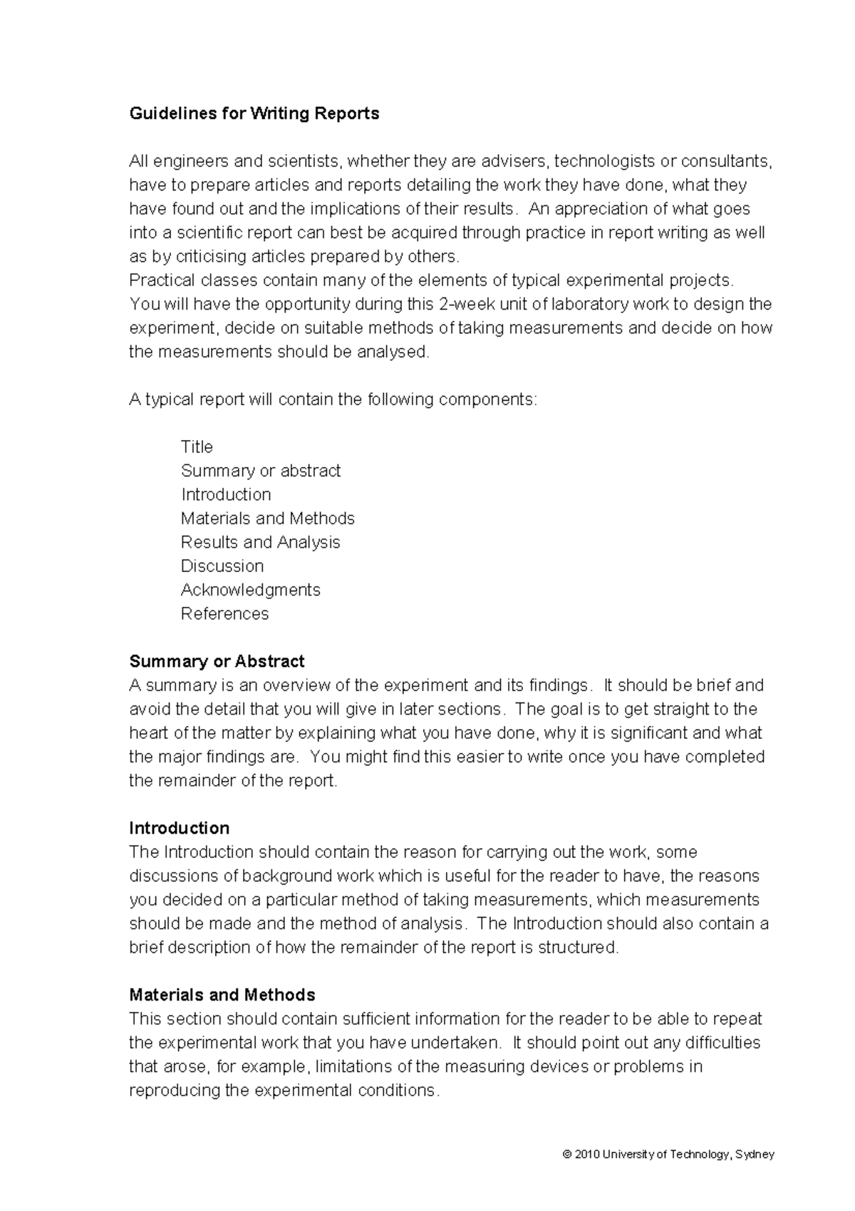 Guidelines for Writing Reports - © 2010 University of Technology ...