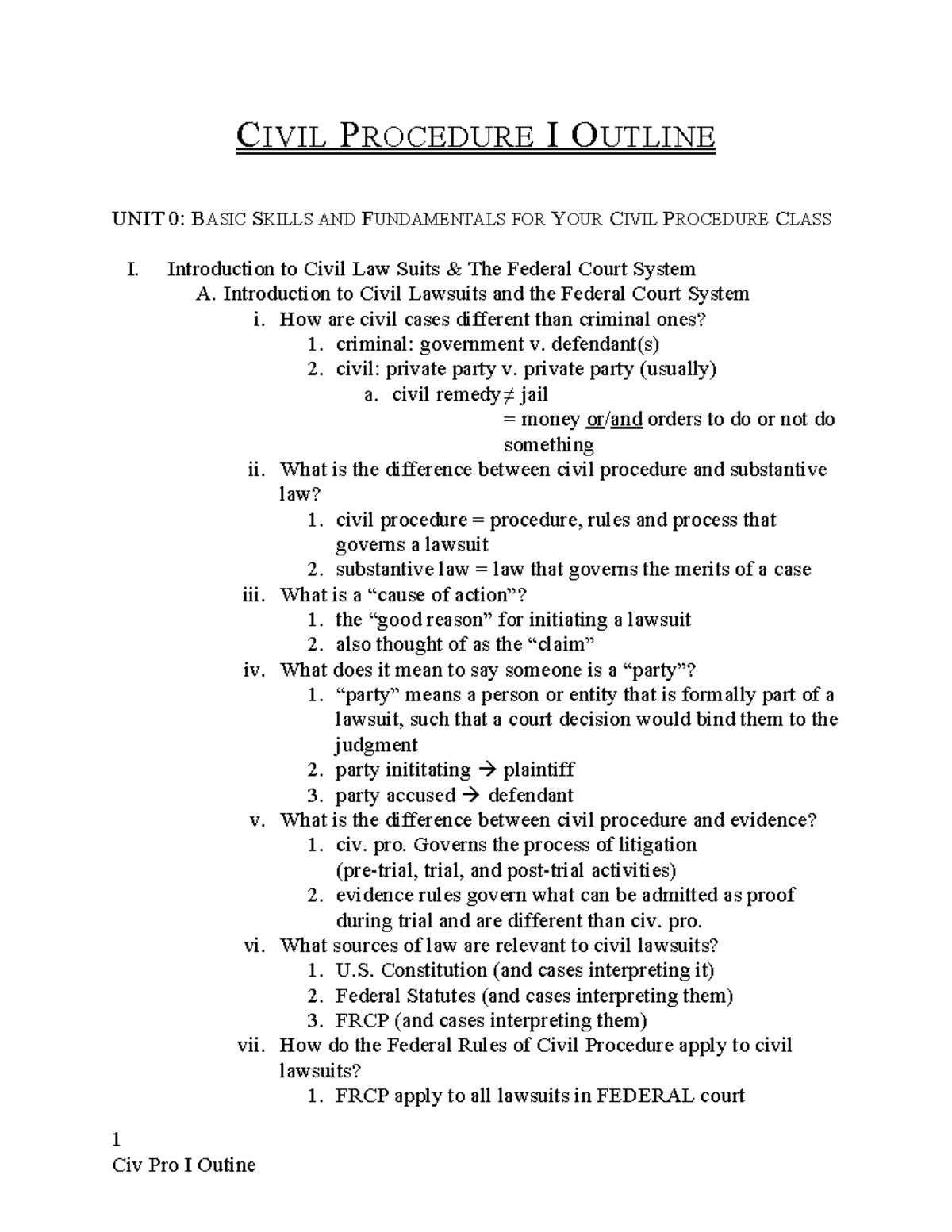 Civil Procedure I Outline - CIVIL PROCEDURE I OUTLINE UNIT 0: BASIC ...