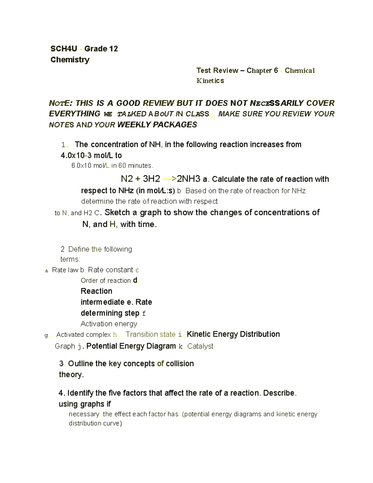 Chemical Kinetics Test Review - SCH4U - Grade 12 Chemistry Test Review ...
