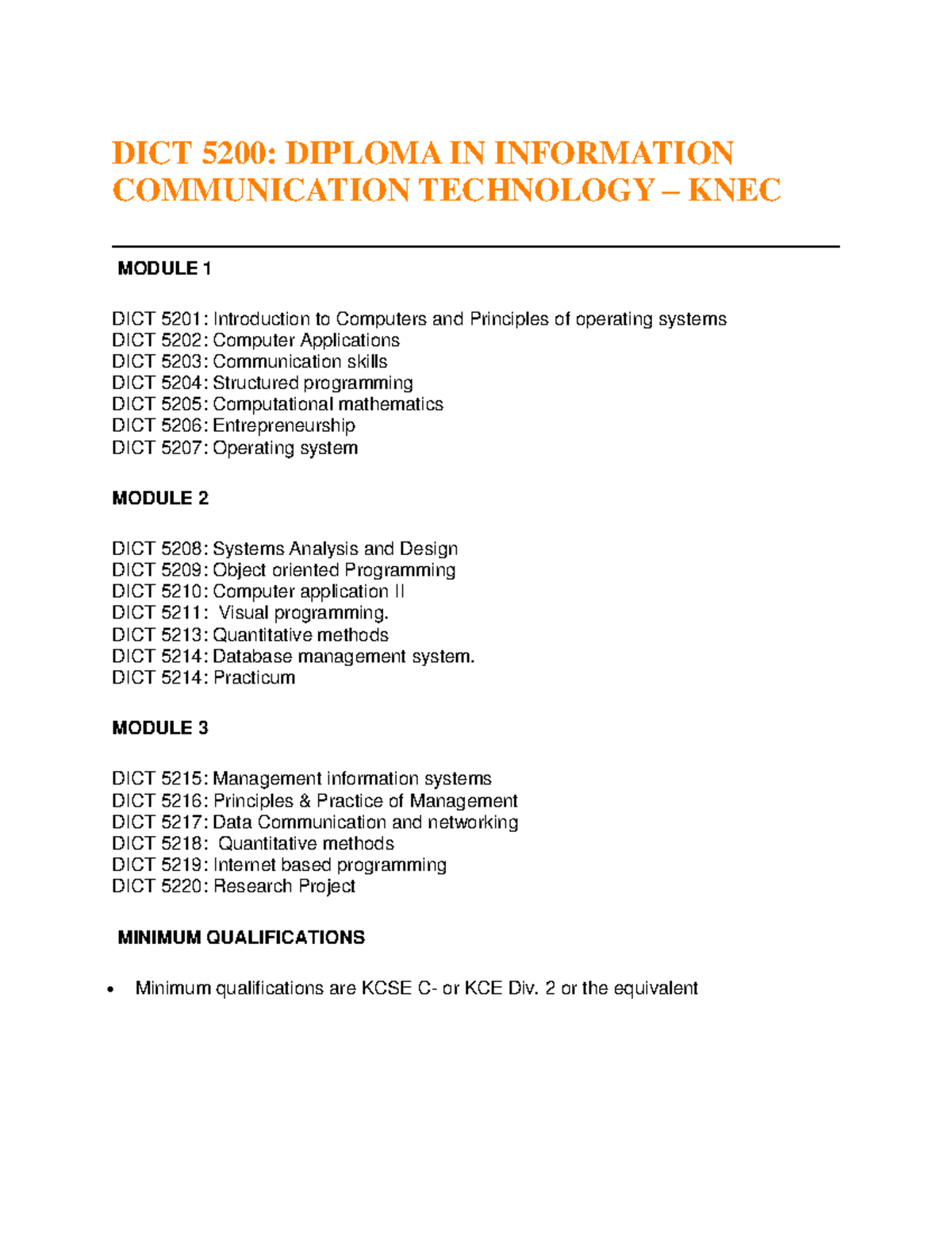ICT Diploma KNEC Syllabus - DICT 5200: DIPLOMA IN INFORMATION ... ICT Diploma KNEC Syllabus - DICT 5200: DIPLOMA IN INFORMATION ...