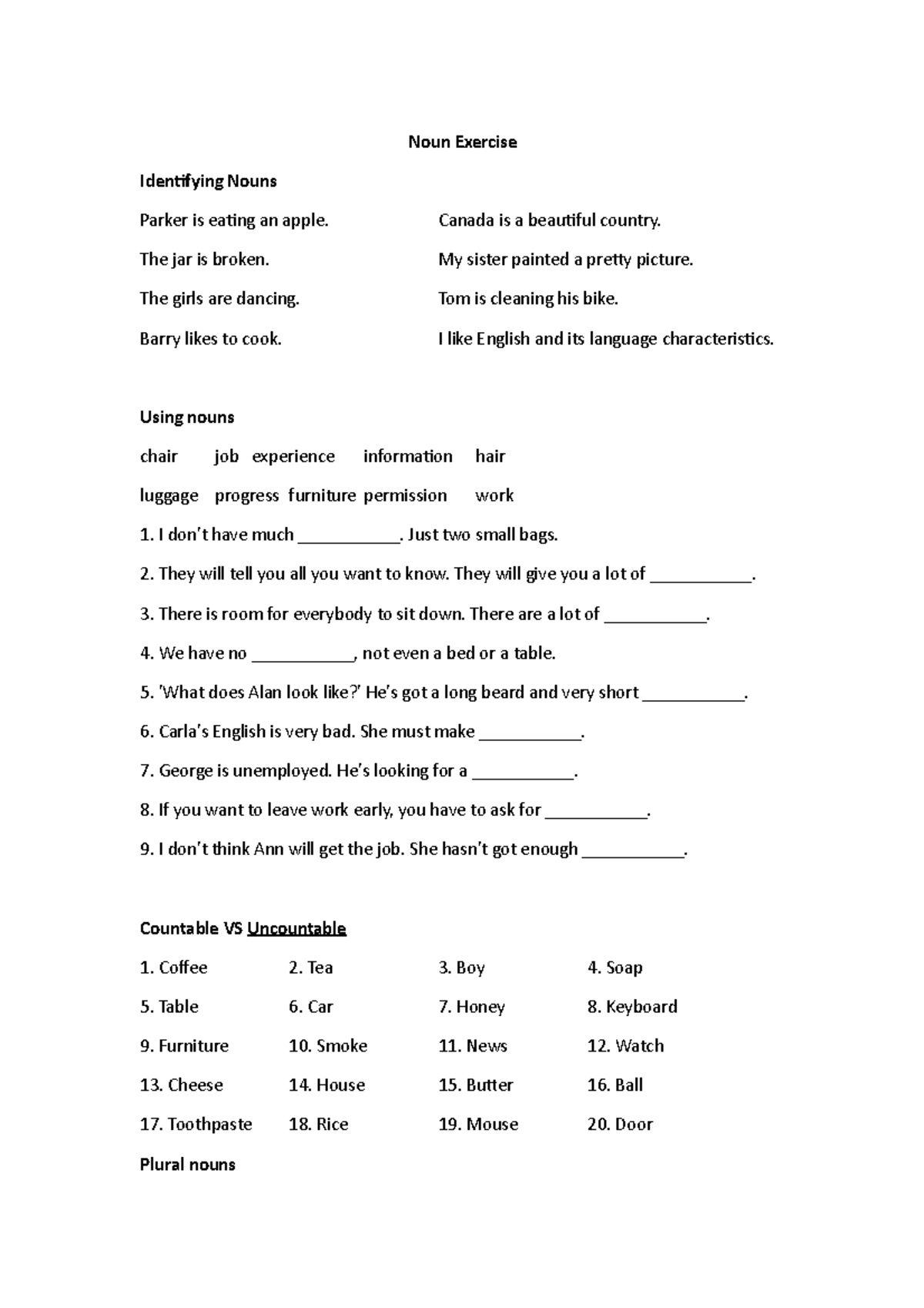F.1 ENG Noun Exercise - Noun Exercise Identifying Nouns Parker is ...