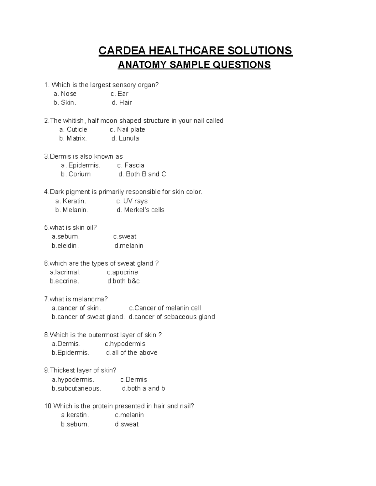 Anatomy questions - Help to exam - CARDEA HEALTHCARE SOLUTIONS ANATOMY ...