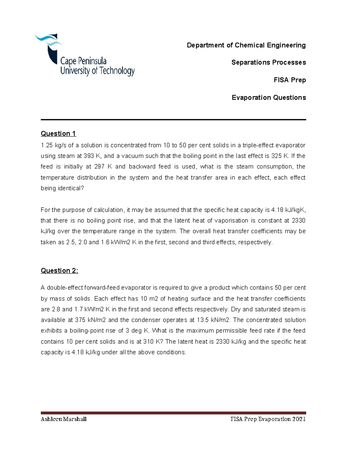 Evaporation Questions - Department of Chemical Engineering Separations ...