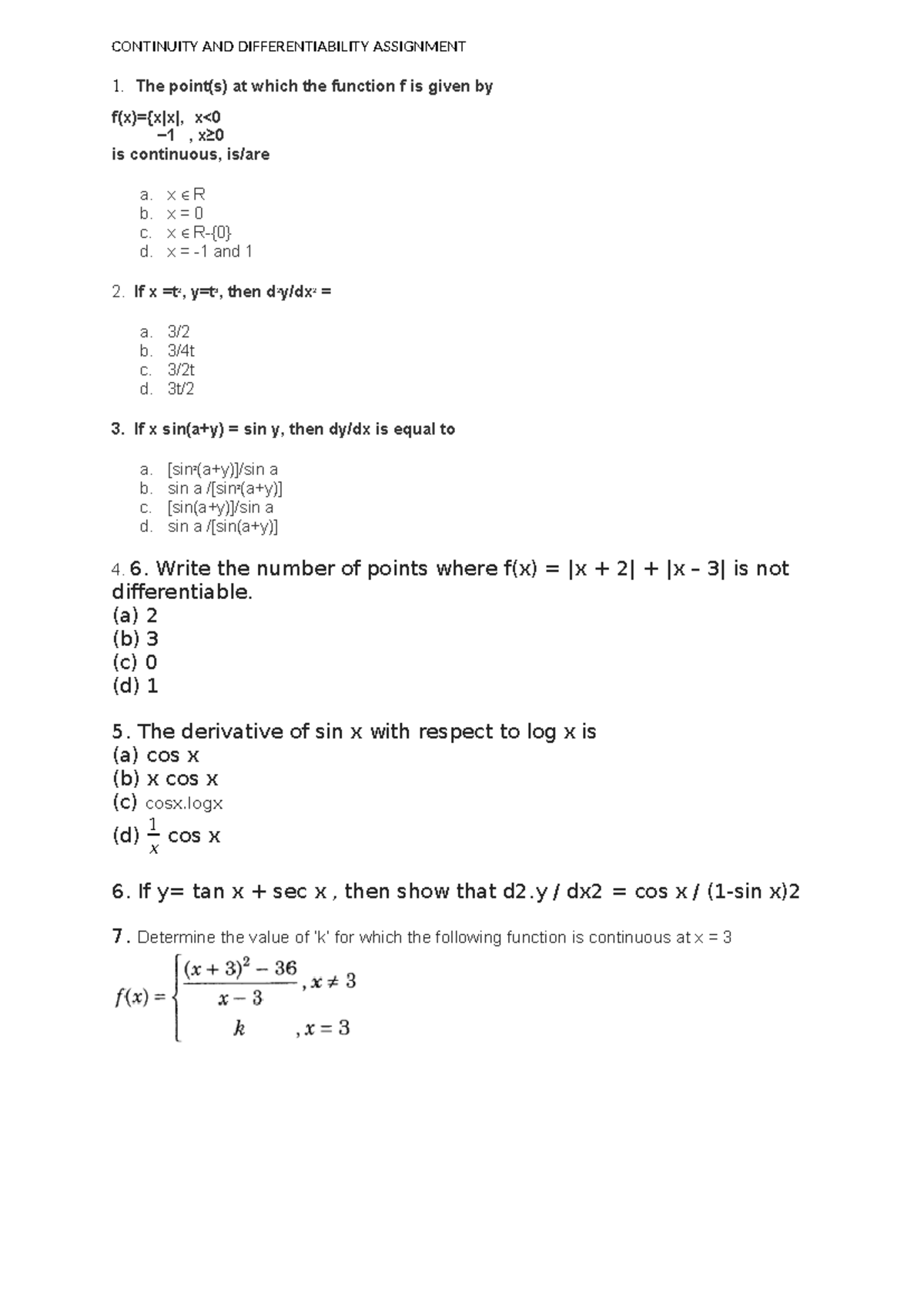 Continuity AND Differentiability Assignment - CONTINUITY AND DIFFERENTIABILITY ASSIGNMENT 1. The ...
