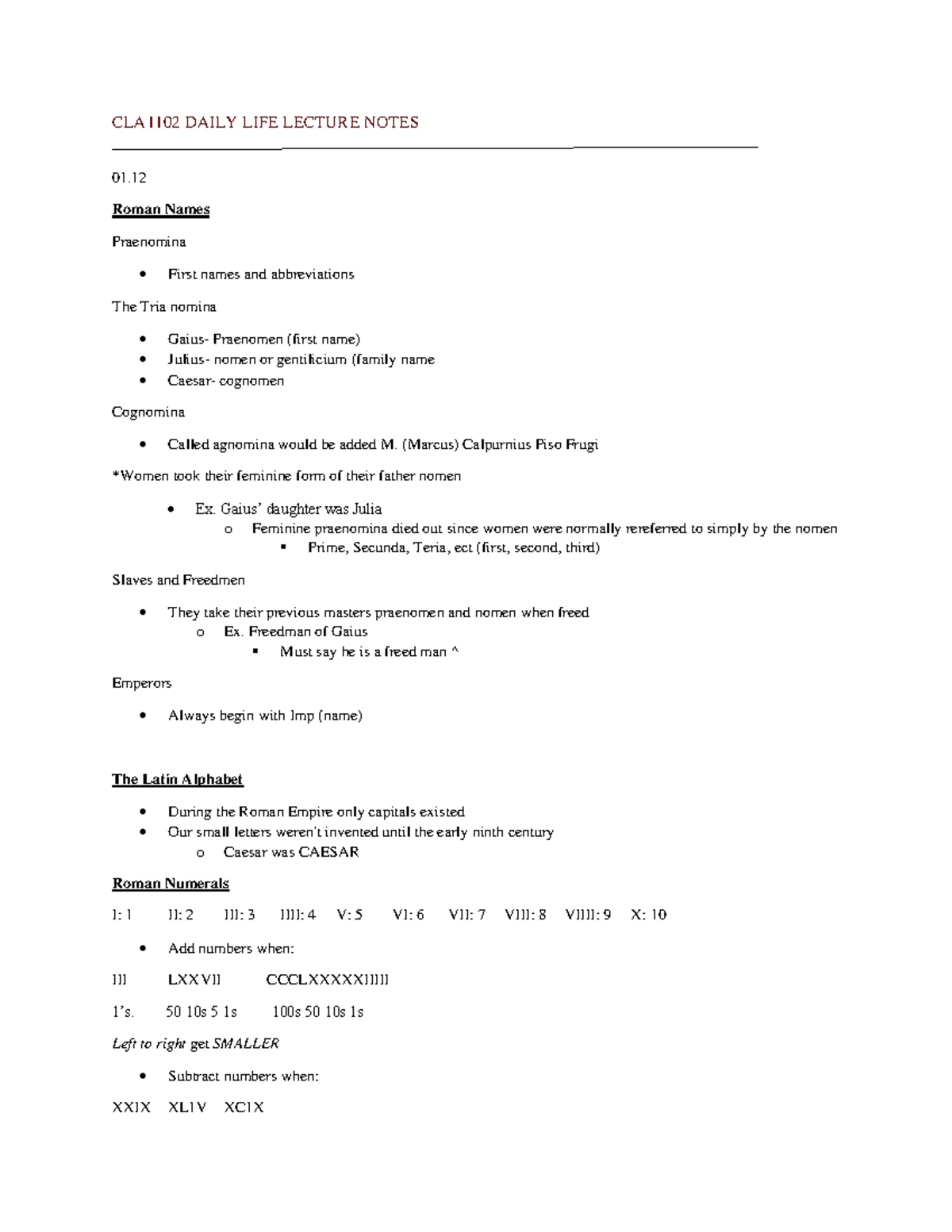 CLA1102 - Lecture notes - CLA1102 DAILY LIFE LECTURE NOTES 01. Roman ...