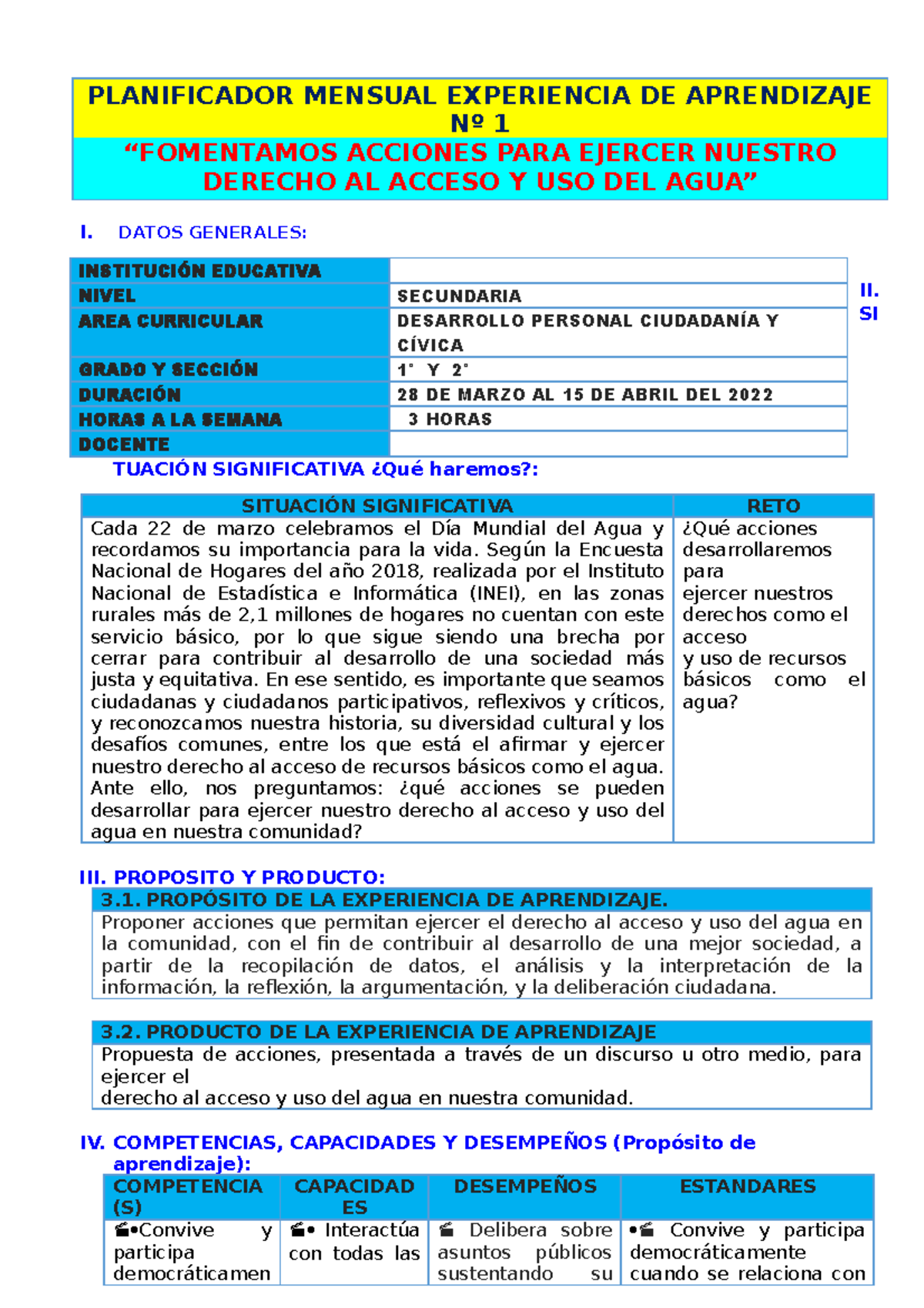 PLAN. EXP. 1 DPCC. 1° Y 2° - PLANIFICADOR MENSUAL EXPERIENCIA DE APRENDIZAJE Nº 1 “FOMENTAMOS ...