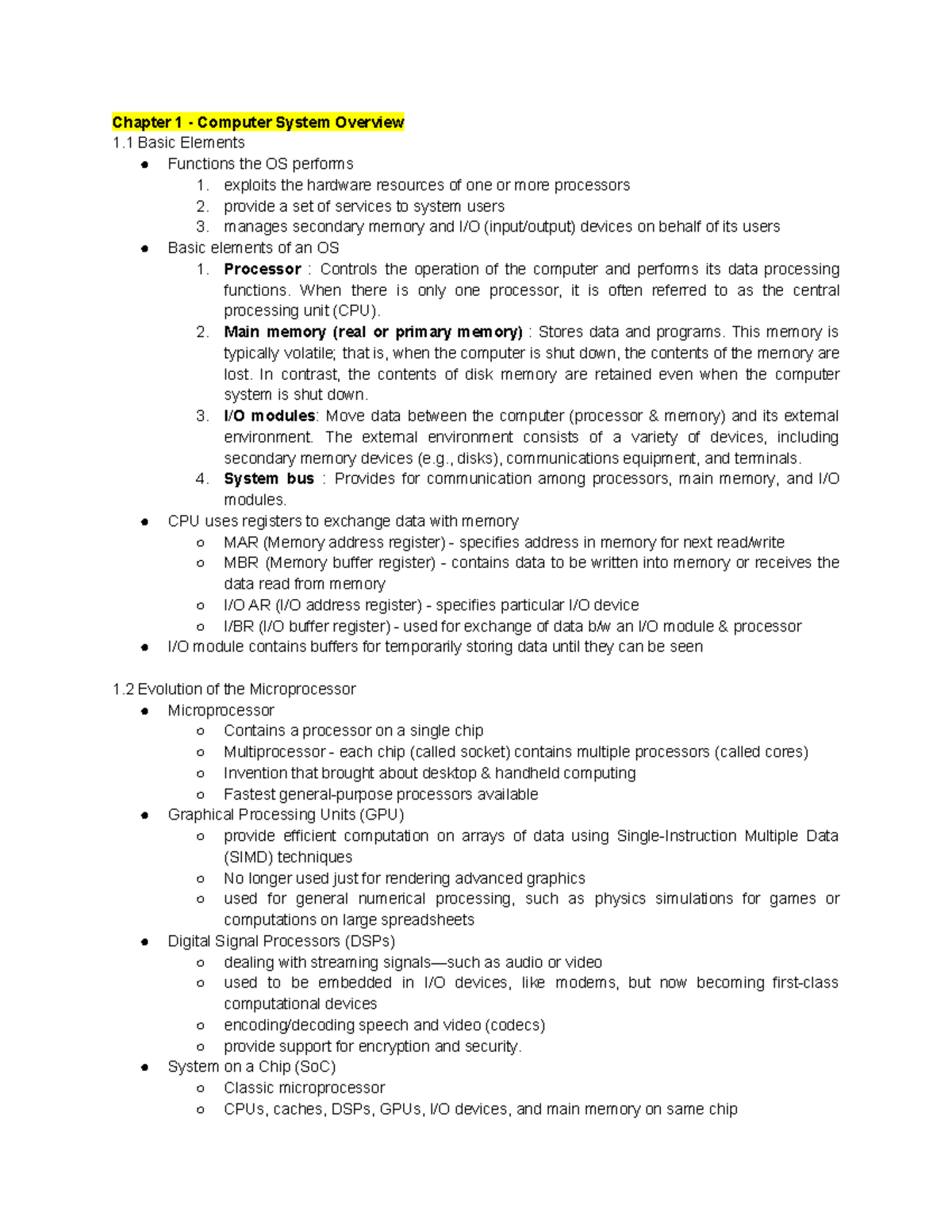 Chapter Notes - OS (Exam 1) - Chapter 1 - Computer System Overview 1 ...