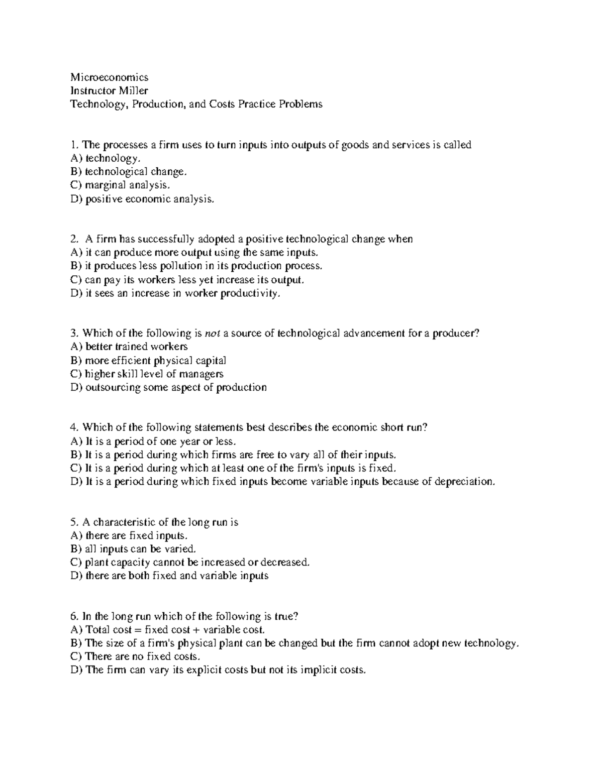 Microeconomics Technology Production and Costs Practice Problems - Studocu