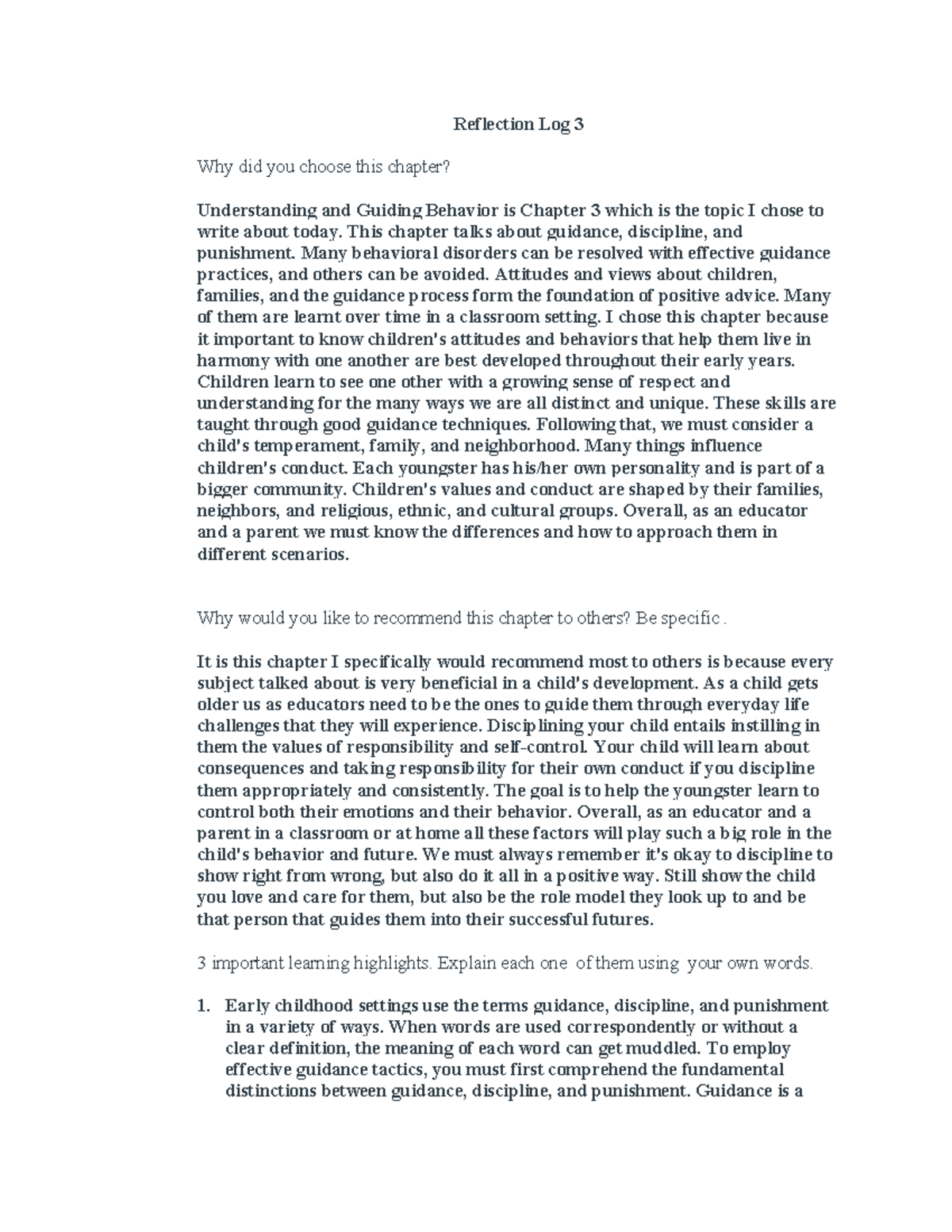 Reflection Log 3 - This chapter talks about guidance, discipline, and ...