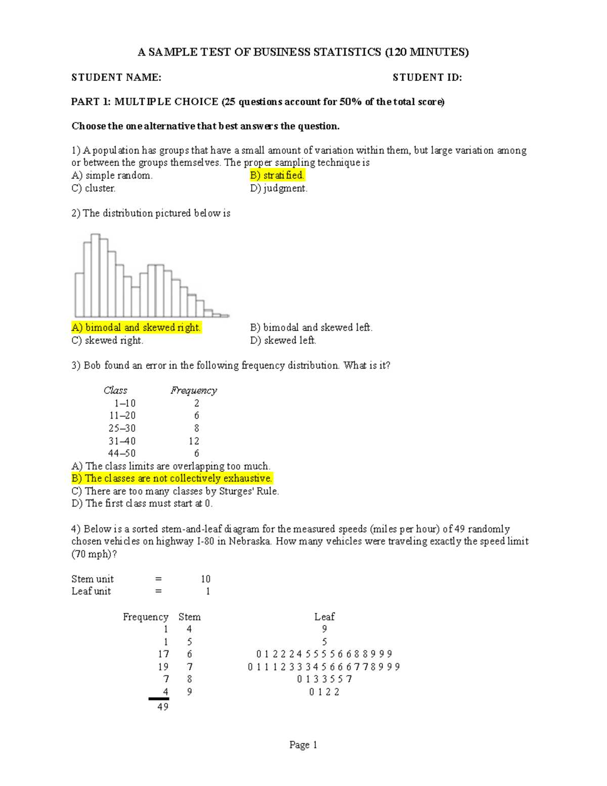 Final exam - sample test - A SAMPLE TEST OF BUSINESS STATISTICS (120 ...