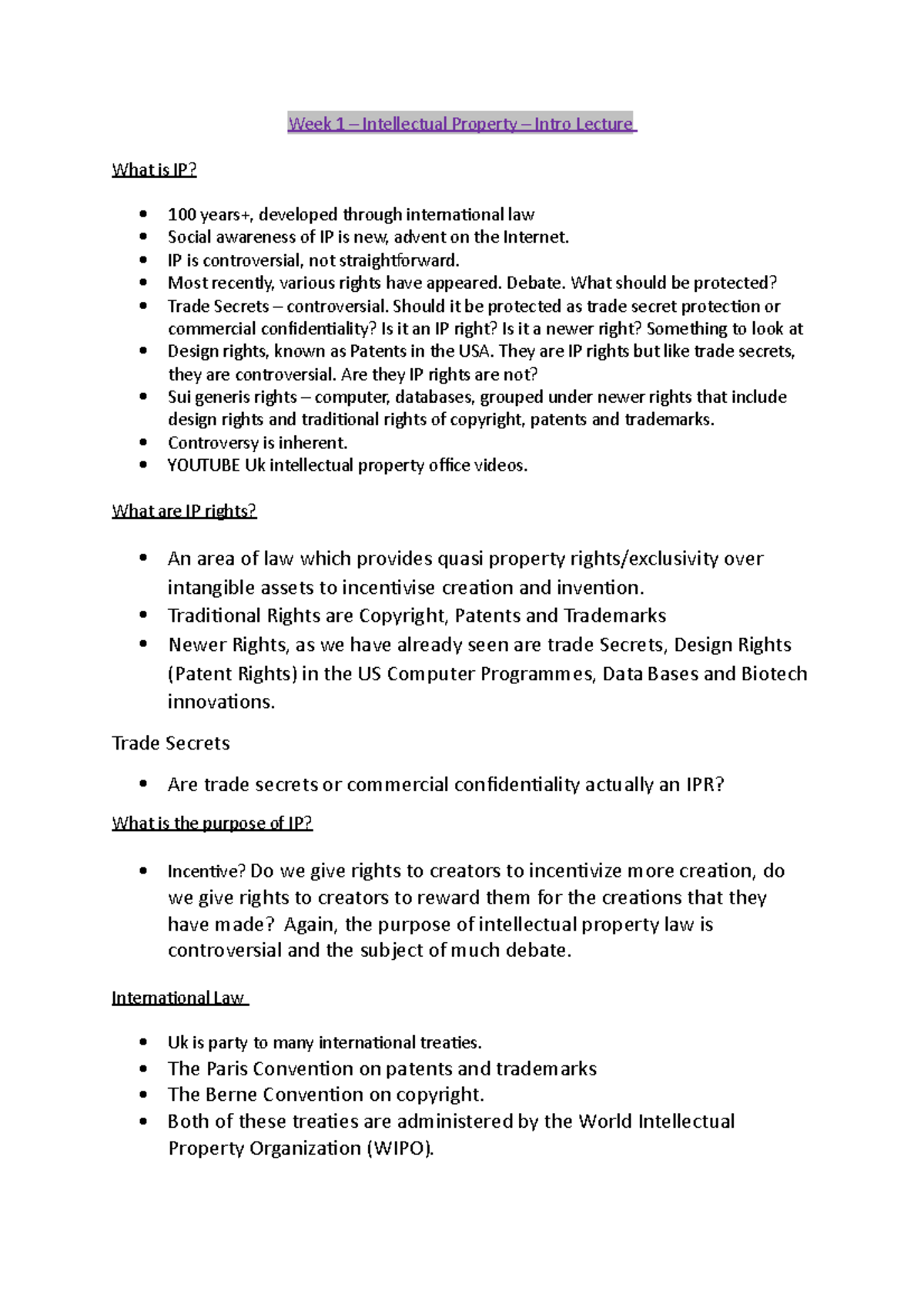 1 - Intro Lecture - Week 1 – Intellectual Property – Intro Lecture What is IP? 100 years+, - Studocu