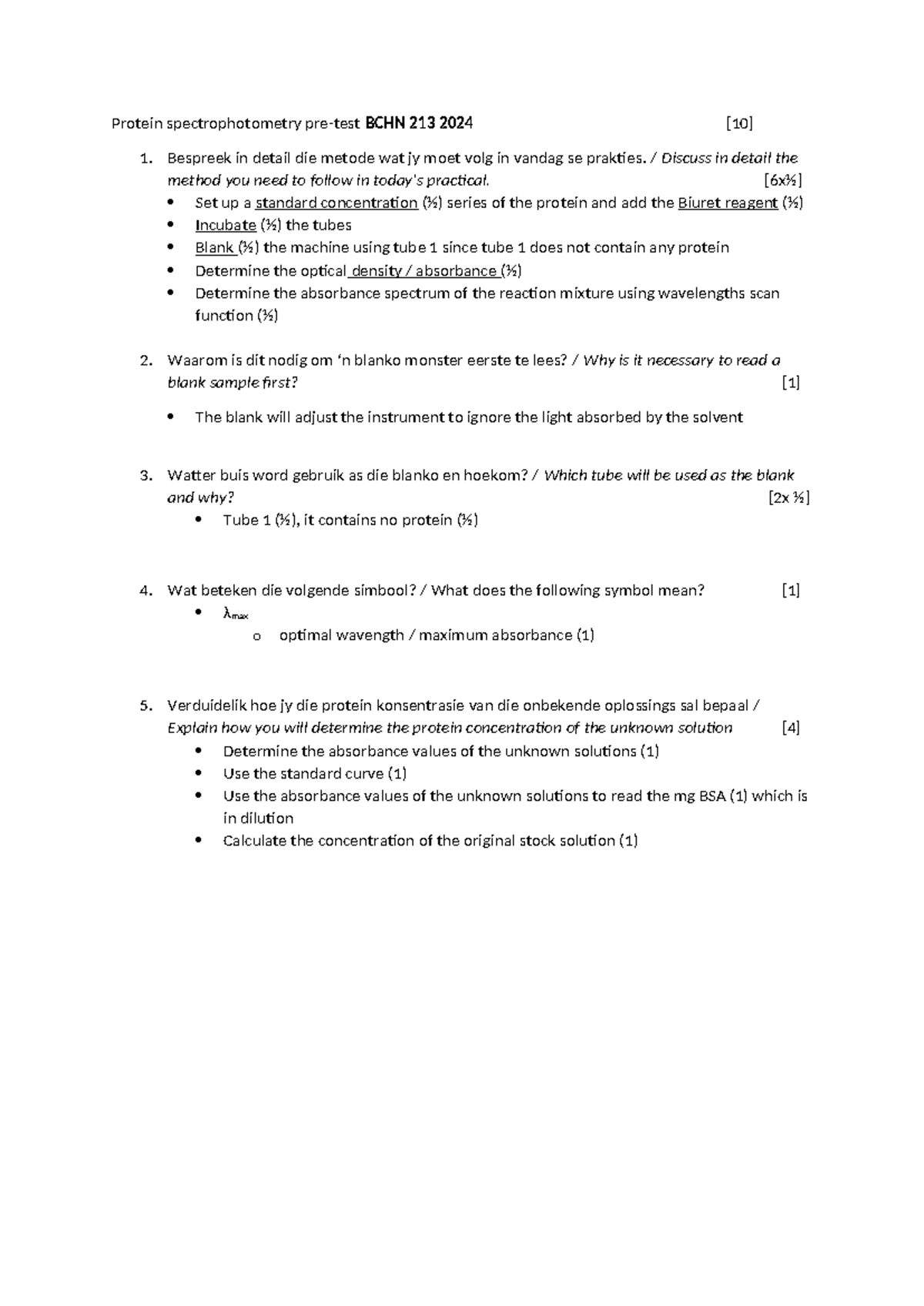 Protein spectrophotometry pre-test MEMO 2024 - Protein ...
